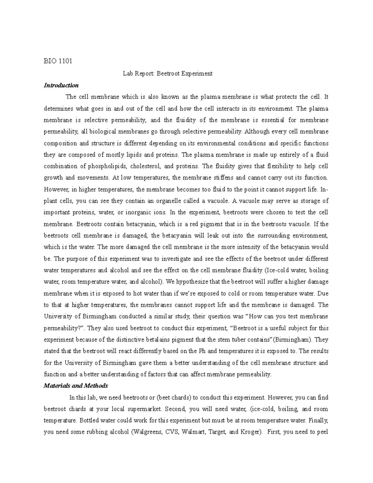 BIO (1101 - biol 1101 lab report - BIO 1101 Lab Report: Beetroot ...