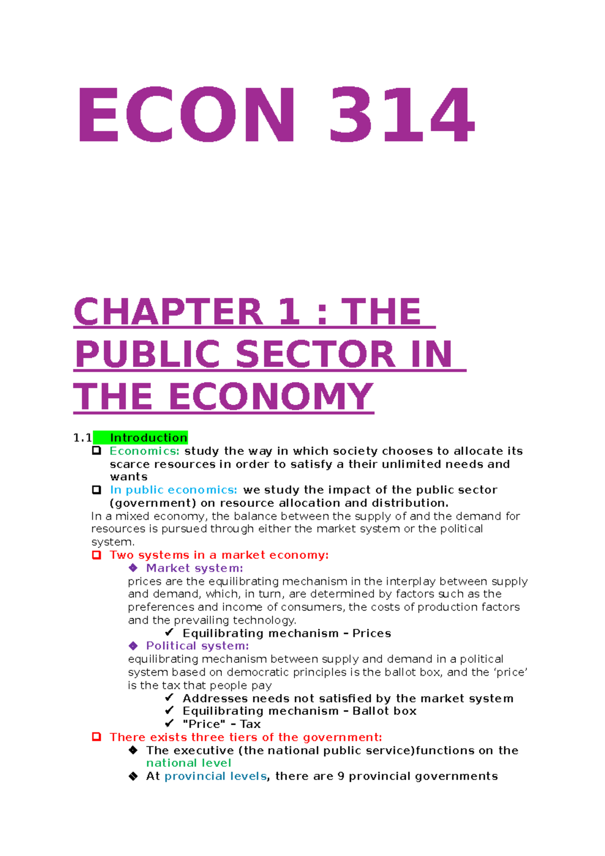 ECON 314 - Summary Public Economics - ECON 314 CHAPTER 1 : THE PUBLIC ...