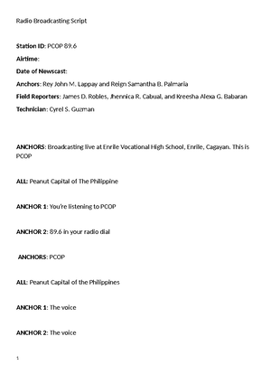 Script - Radio Broadcasting Script Station ID: Airtime: Date of ...