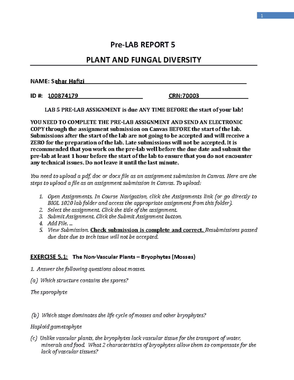 Lab 5-Pre-Lab Assignment-2023 - Pre-LAB REPORT 5 PLANT AND FUNGAL ...