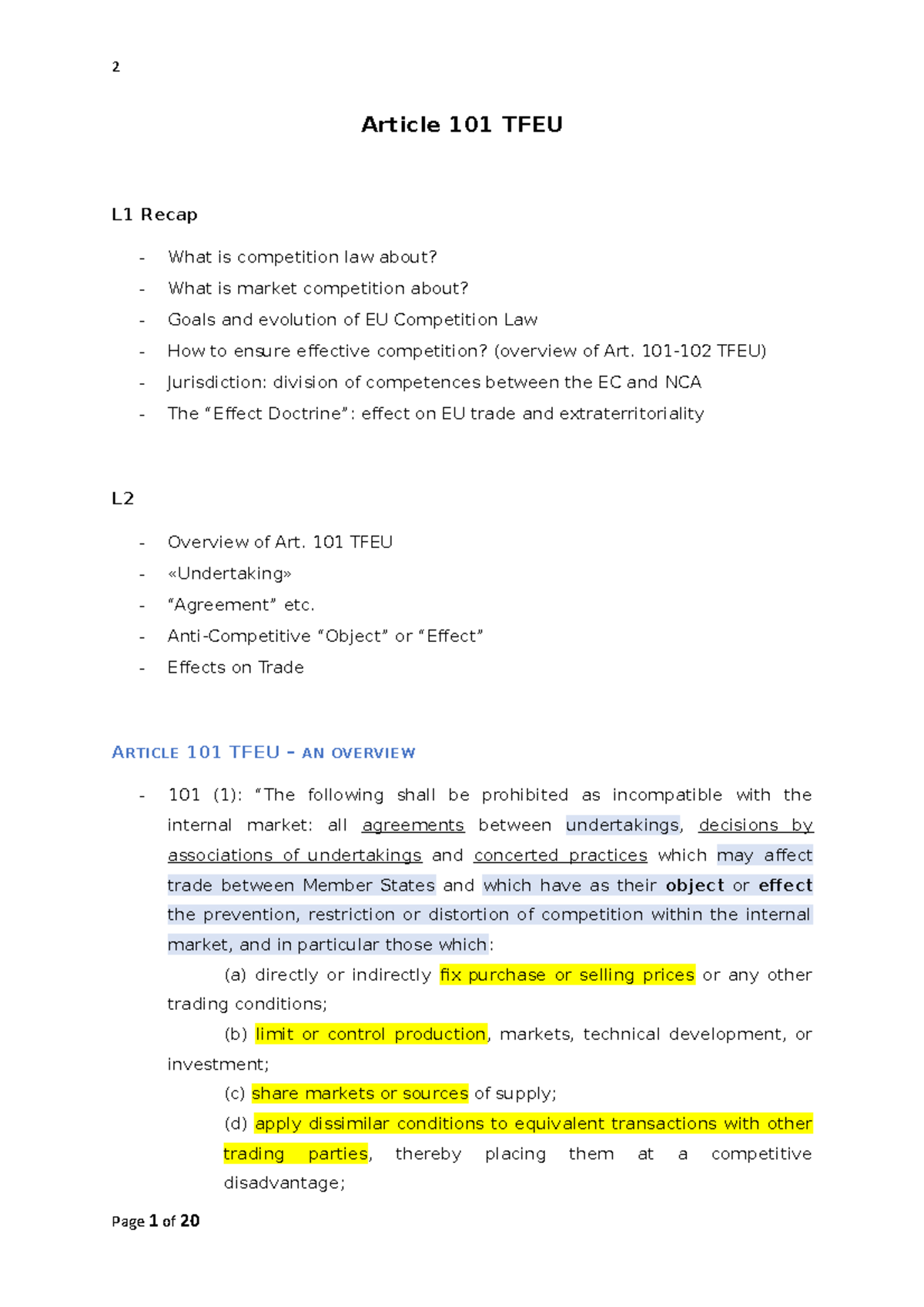 II. Anticompetitive Agreements (I) - Article 101 TFEU L1 Recap - What ...