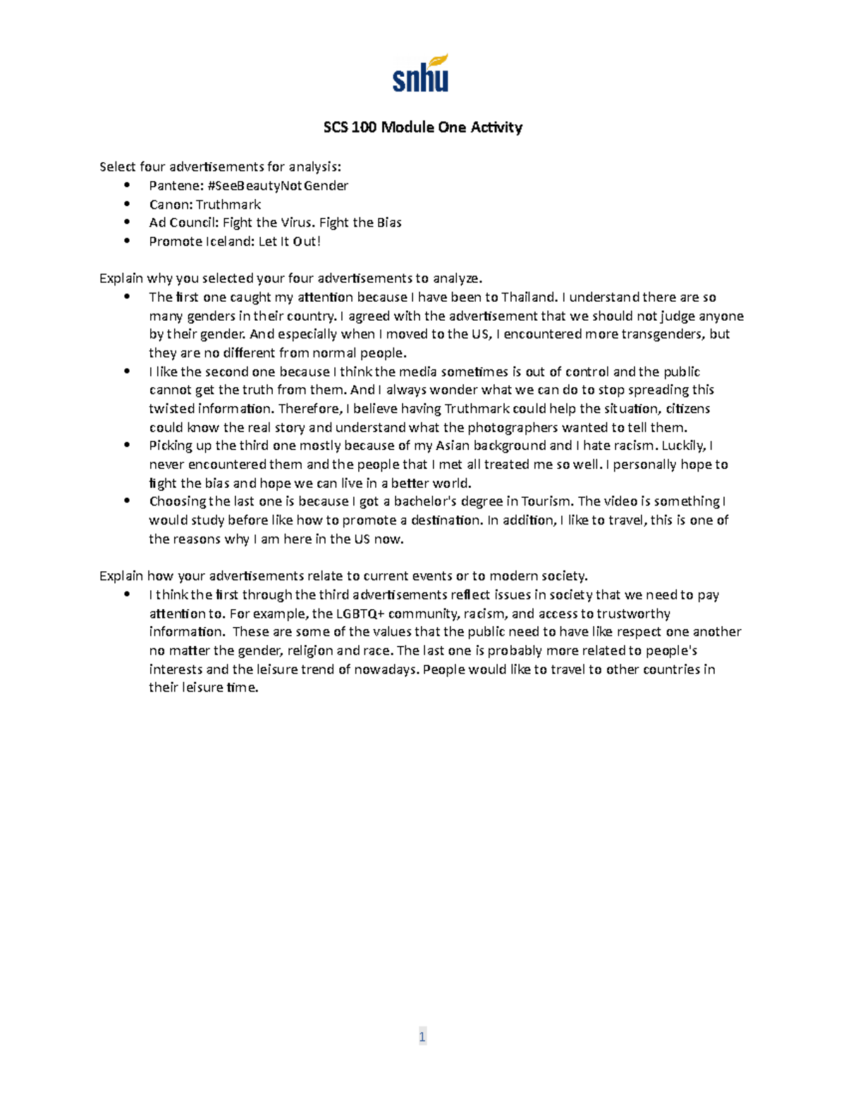 SCS 100 Module One Activity - SCS 100 Module One Activity Select four ...