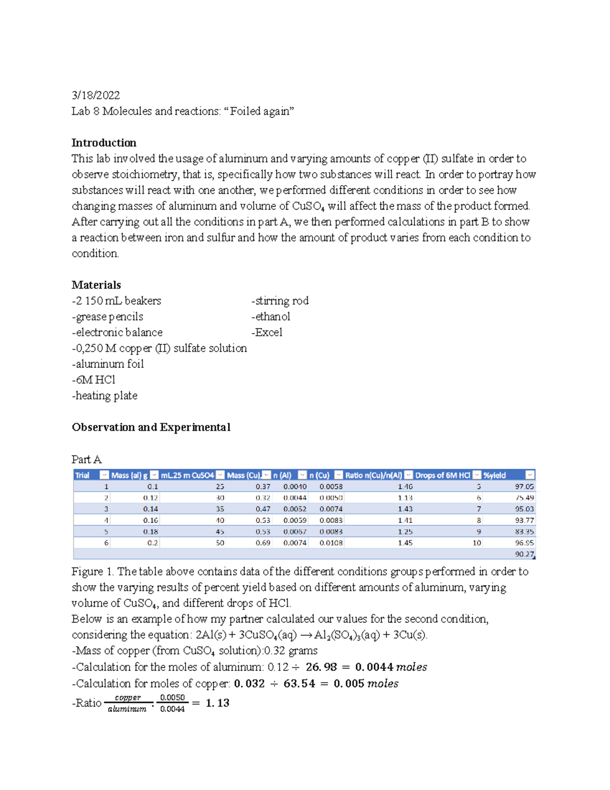Lab 8 report - 3/18/ Lab 8 Molecules and reactions: