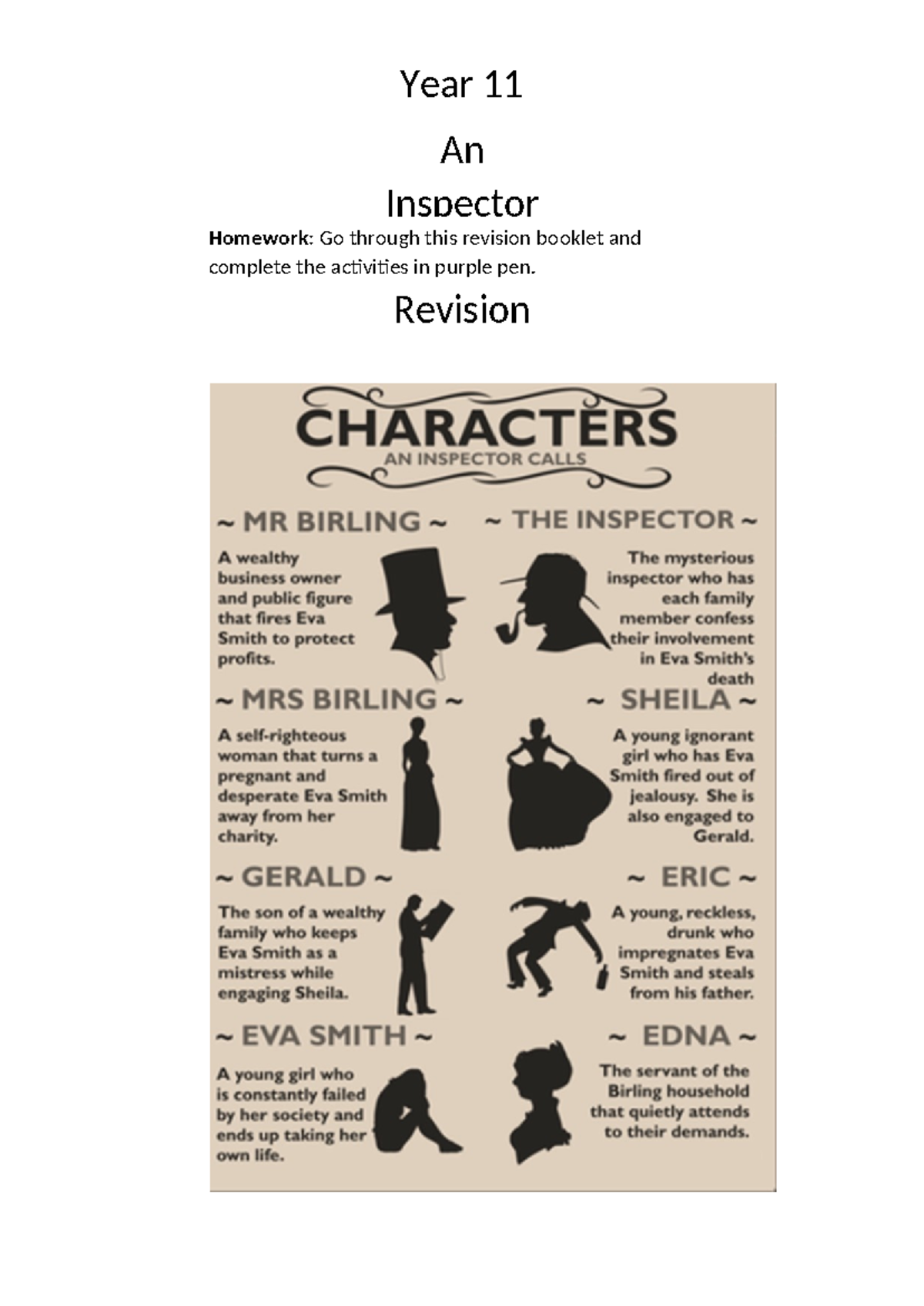 Revision An Inspector Calls - Year 11 An Inspector Calls Revision Homework: Go through this ...