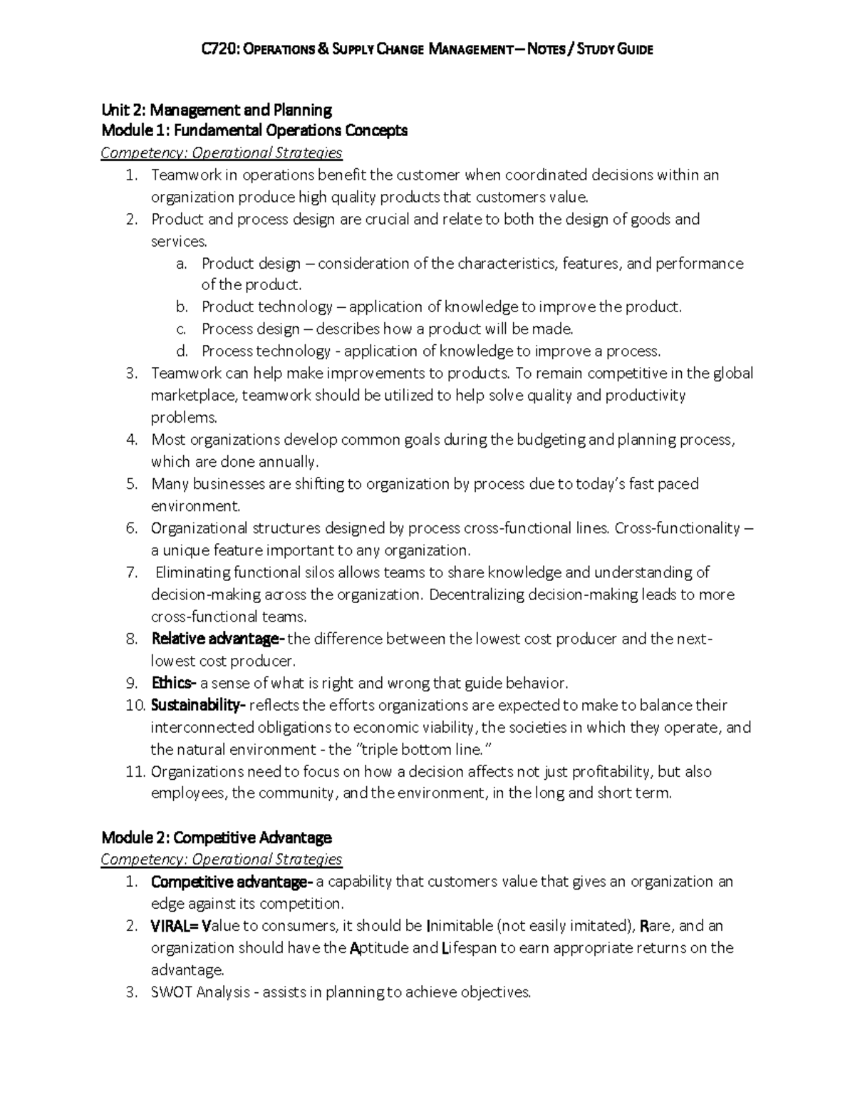 C720 Notes Study Guide - C 720 : OPERATIONS & SUPPLY CHANGE MANAGEMENT ...