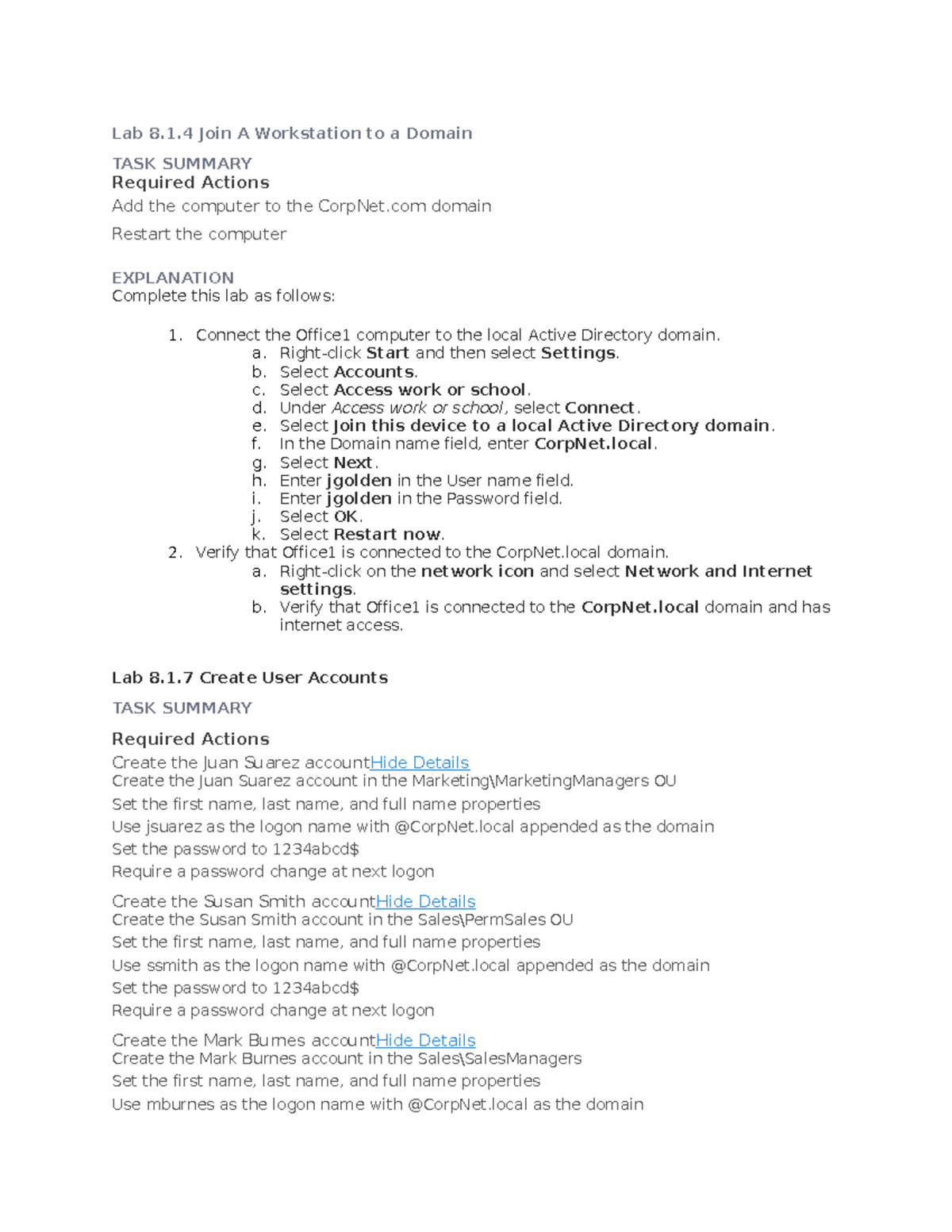 Chapter 8 Labs - labsims - Lab 8.1 Join A Workstation to a Domain TASK ...