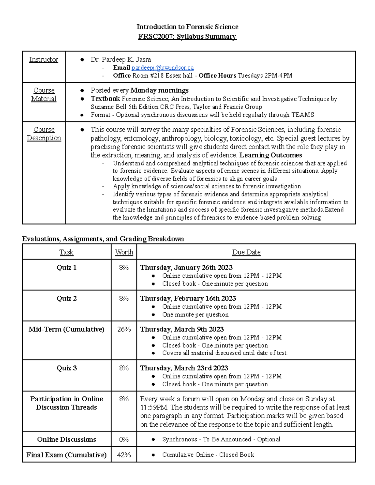 FRSC2007-Syllabus Summary - Introduction to Forensic Science FRSC2007 ...