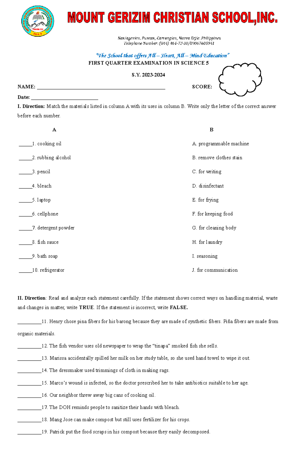 First Quarter Examination IN Science 5 ORG - FIRST QUARTER EXAMINATION ...