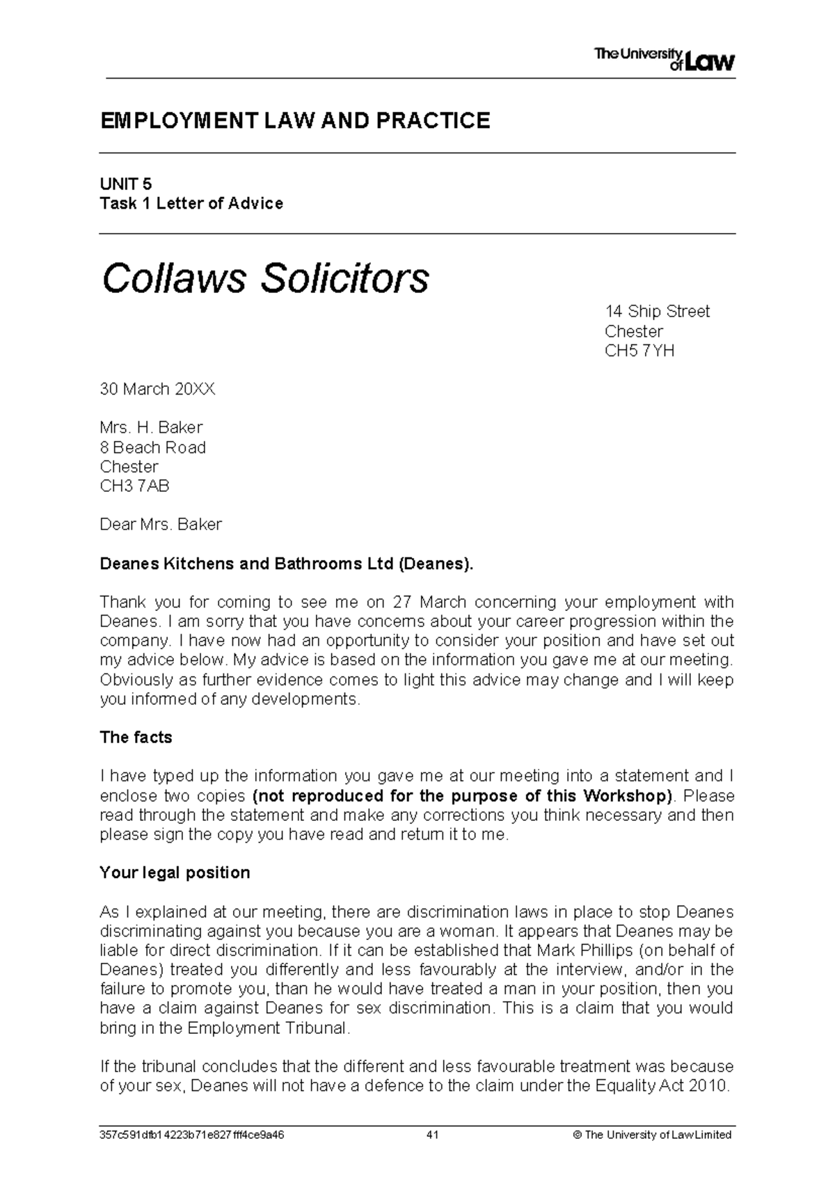 WS5 Letter of Advice - EMPLOYMENT LAW AND PRACTICE UNIT 5 Task 1 Letter ...