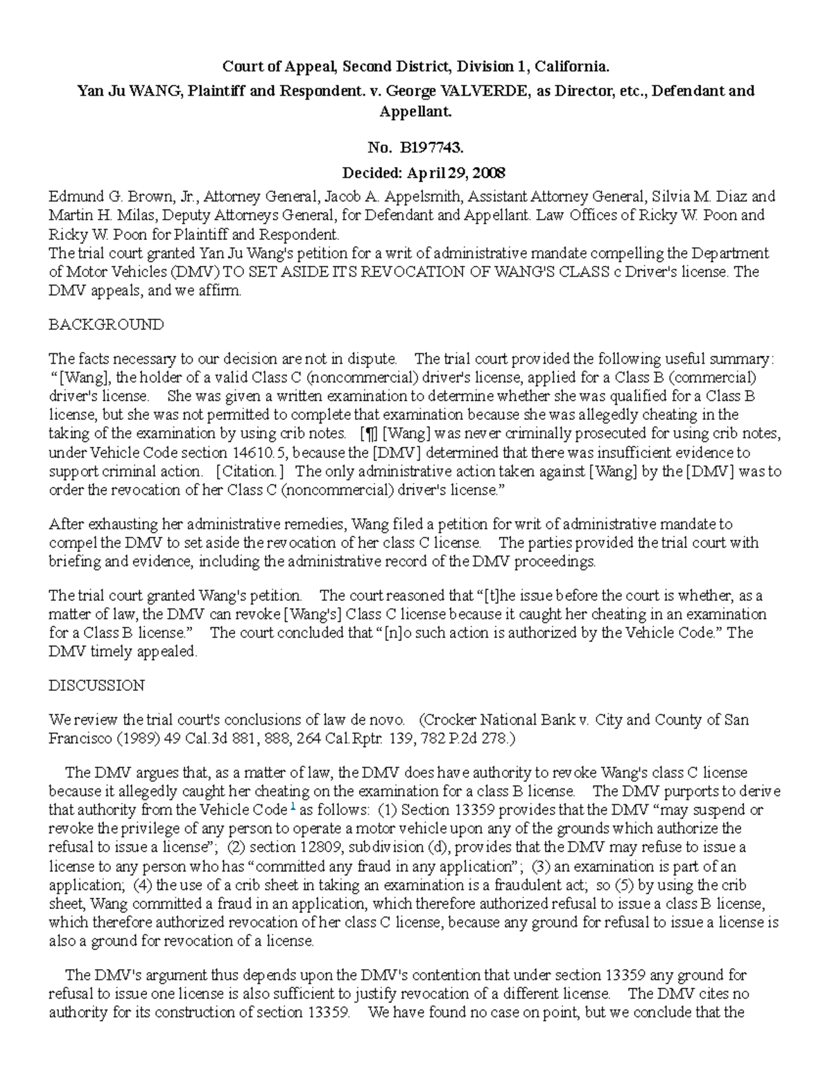 TT BLaw 3391 case Wang case example - Court of Appeal, Second District ...