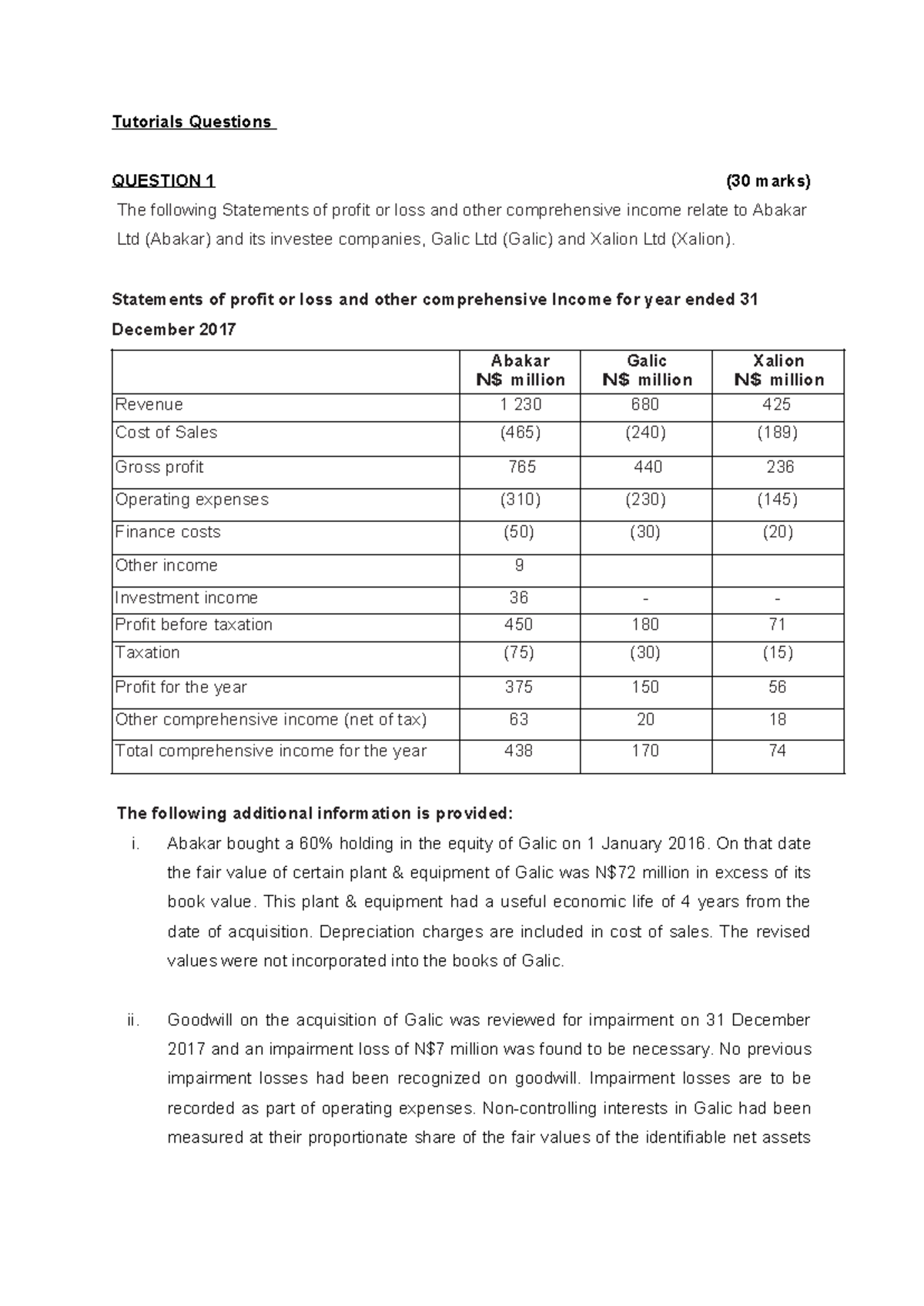 Tutorials - IFRS 10 - EXAM PREP - Tutorials Questions QUESTION 1 (30 marks) The following ...