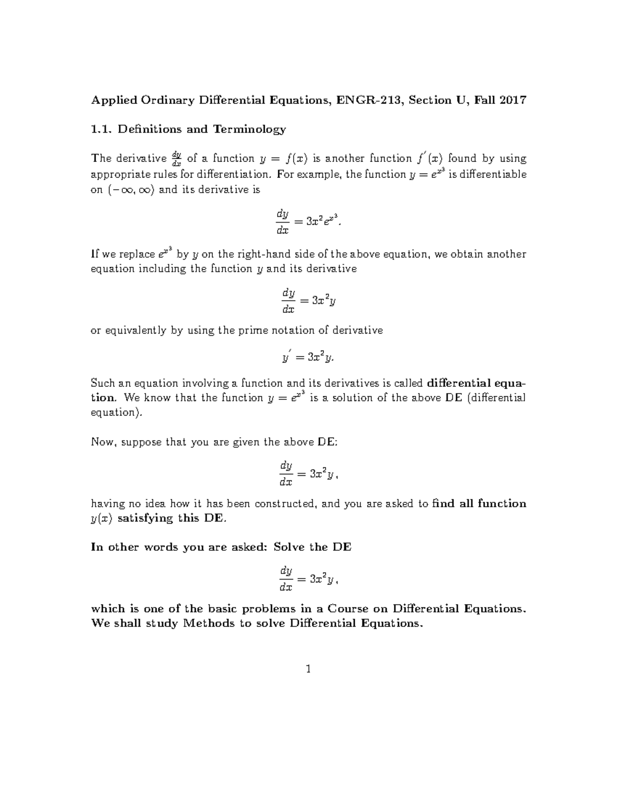 WEEK 1 Section 1 1 Def Term Section 1 2 IVP - Applied Ordinary Differential Equations, ENGR-213 ...