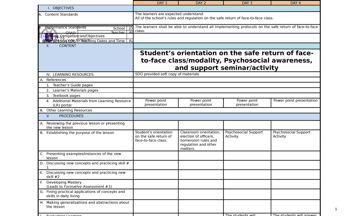 DLL- Orientation August 22-26, 2022 - GRAD E 11- DAILY LESSON LOG ...