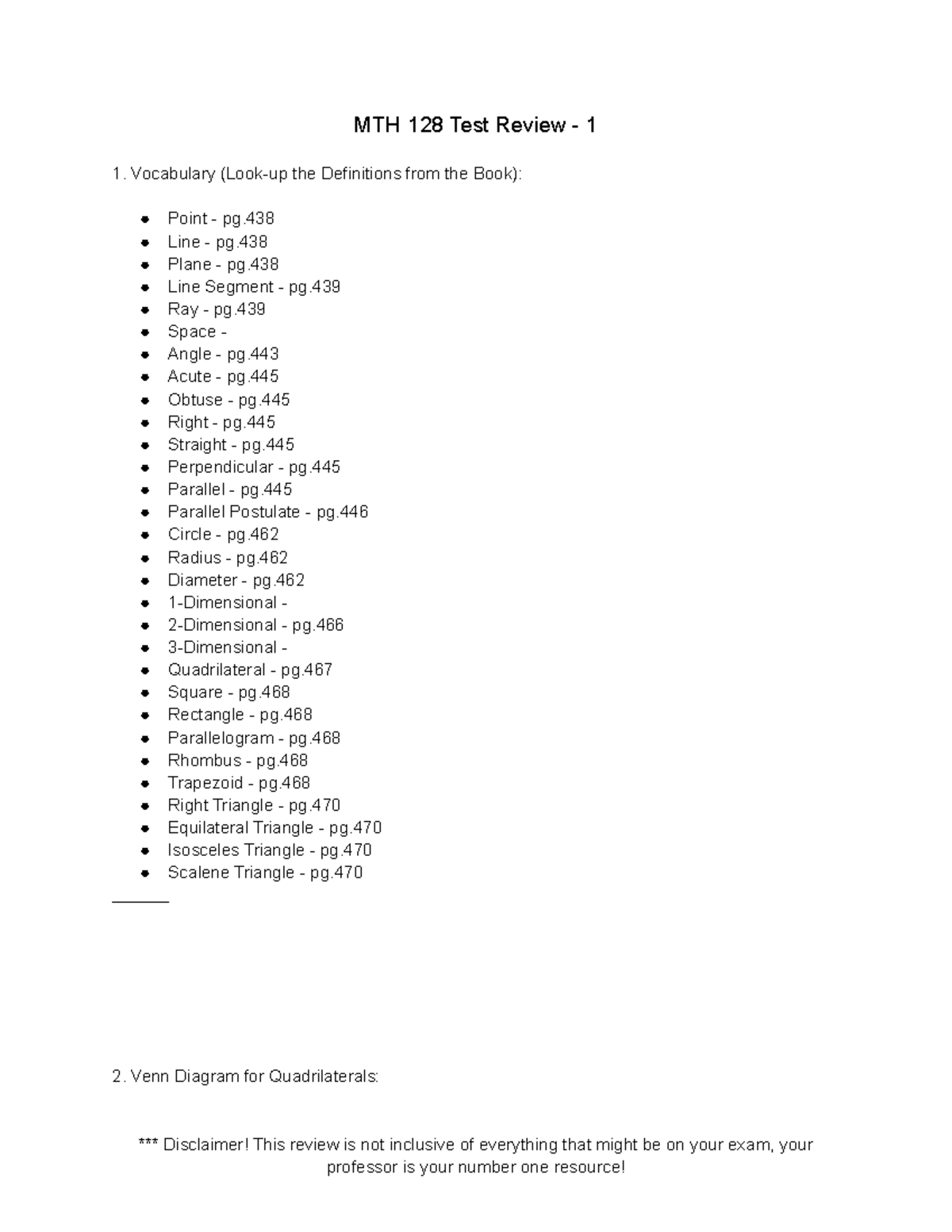 MTH 128 Test Review 1 - MTH 128 Test Review - 1 1. Vocabulary (Look-up ...