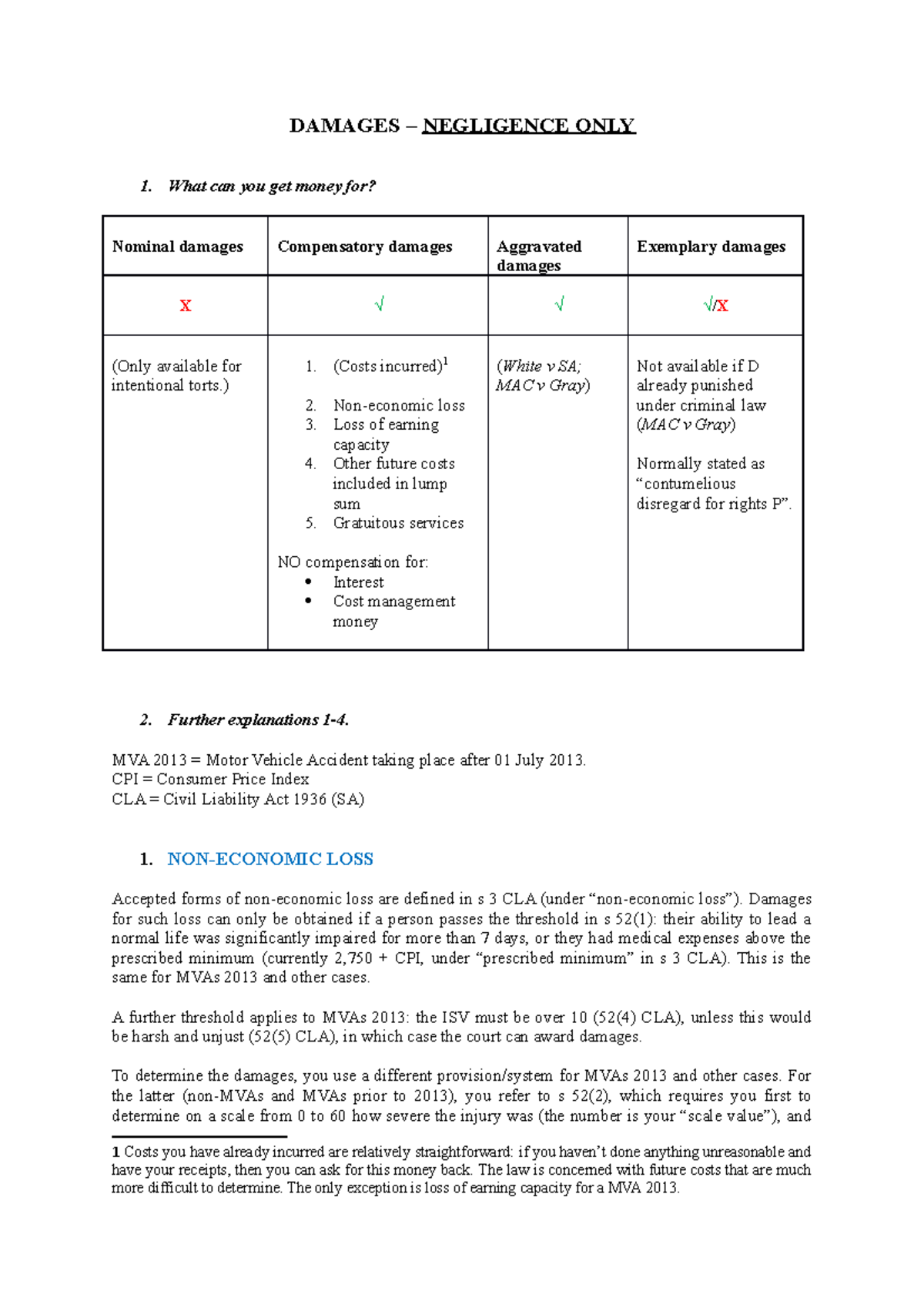 Damages - Lecture notes 6-7 - DAMAGES NEGLIGENCE ONLY 1. What can you ...