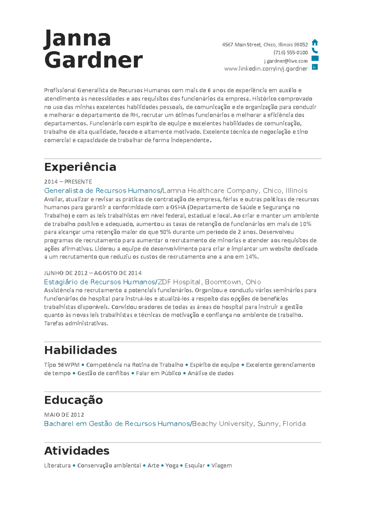 Currículo de recursos humanos - Janna Gardner 4567 Main Street, Chico ...