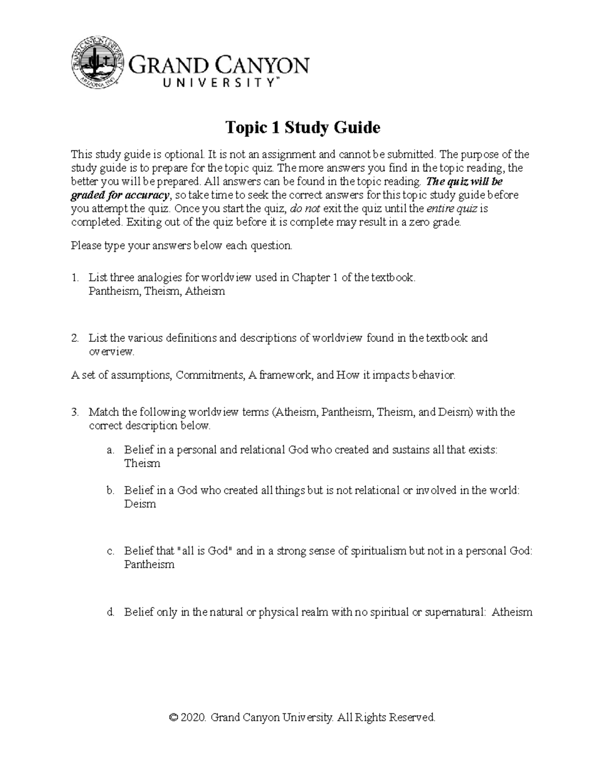 CWV 301 RS T1Study Guide for Christian Worldview - Topic 1 Study Guide ...