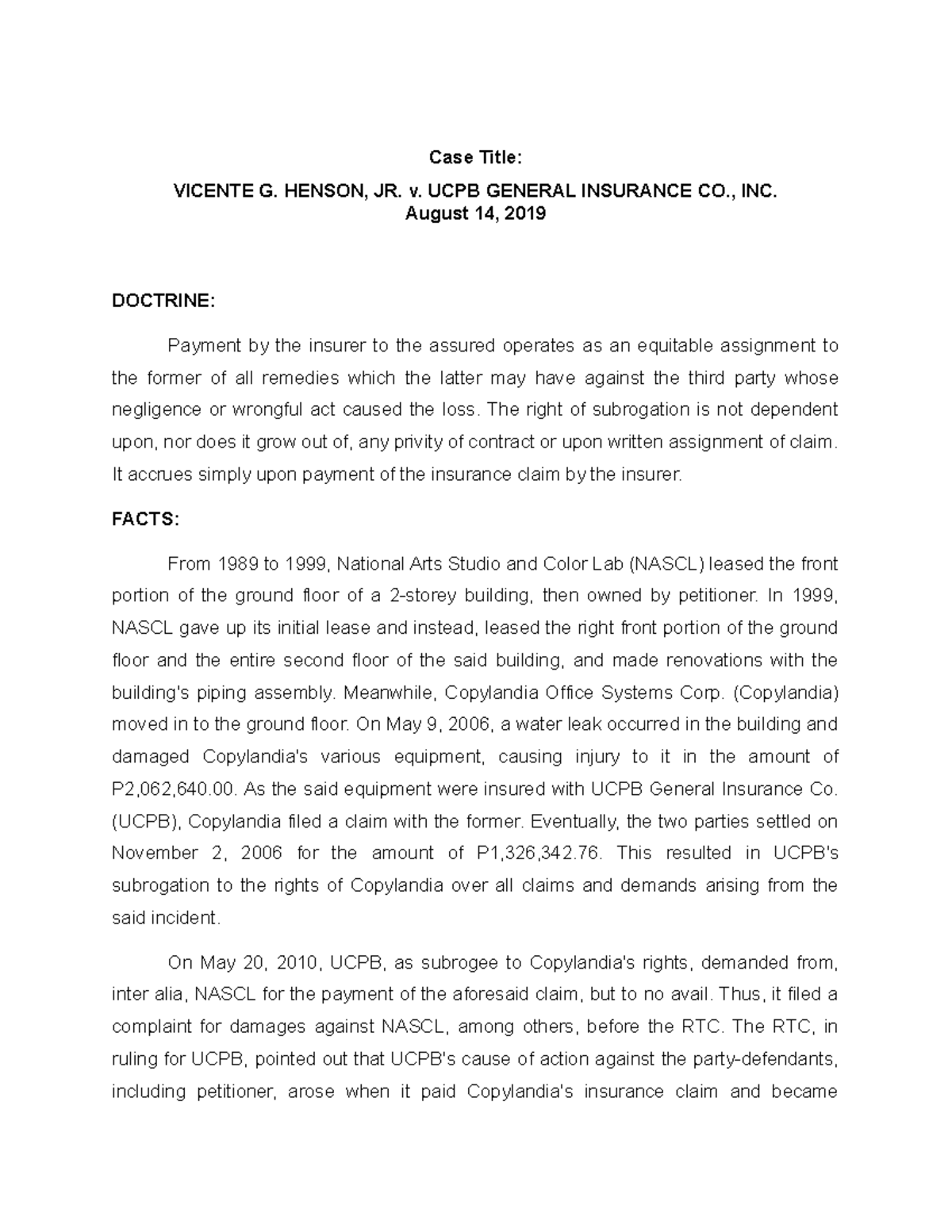 Vicente G. Henson, JR. v. UCPB General Insurance CO., INC - Case Title ...