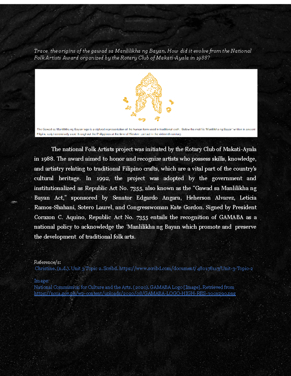 summary of the Gamaba History - Trace the origins of the gawad sa ...