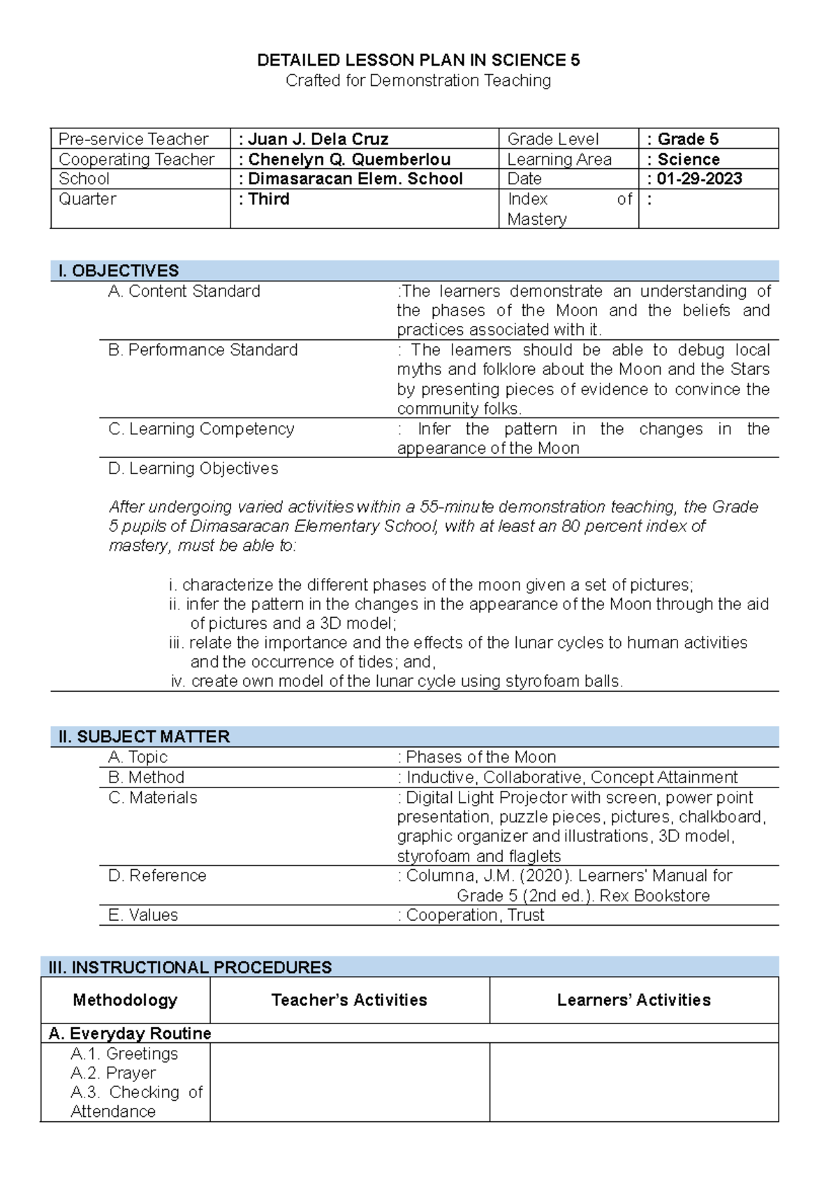 5 Es - DETAILED LESSON PLAN IN SCIENCE 5 Crafted for Demonstration Teaching Pre-service Teacher ...