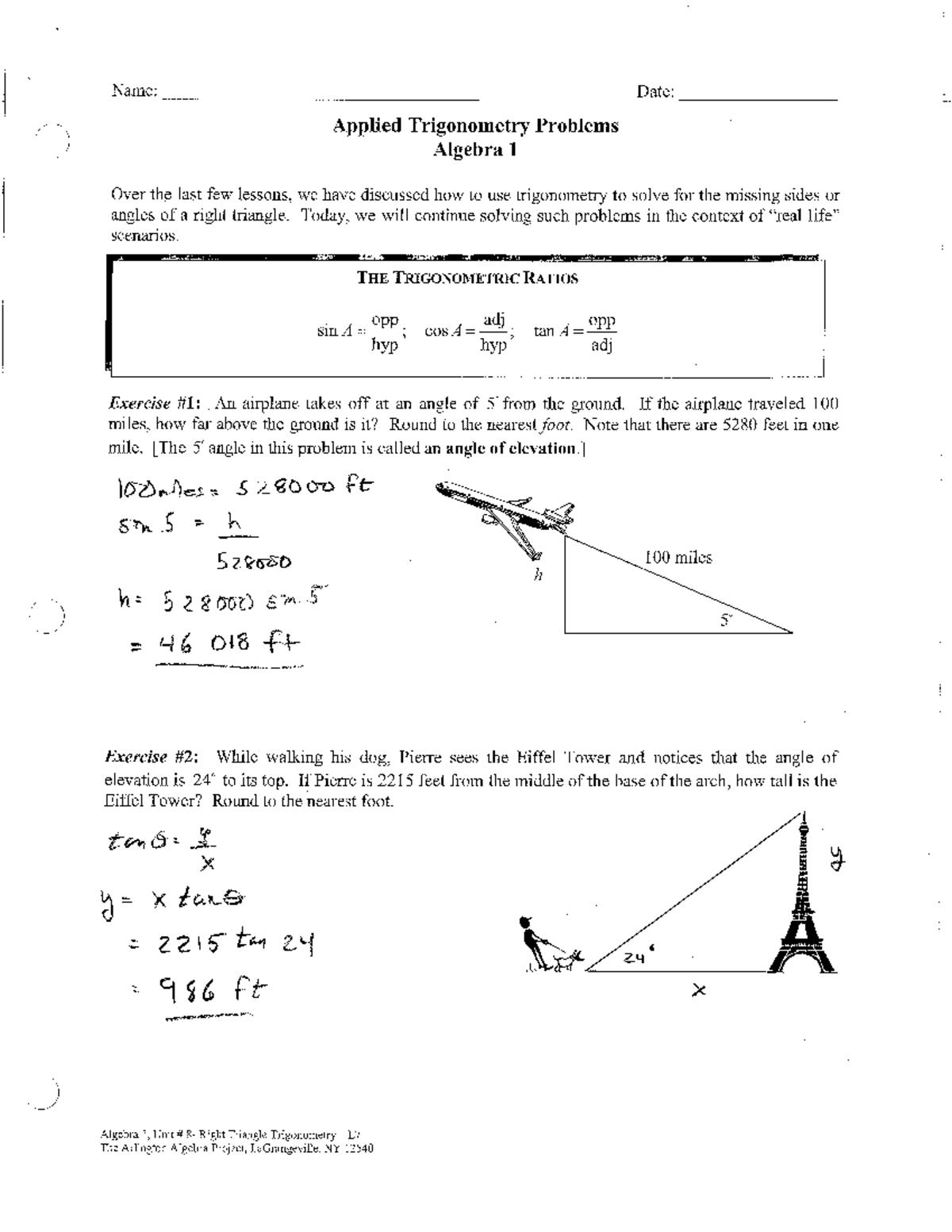 Trig practice pack answers - Name: Date: Applied Trigonometry Problems ...