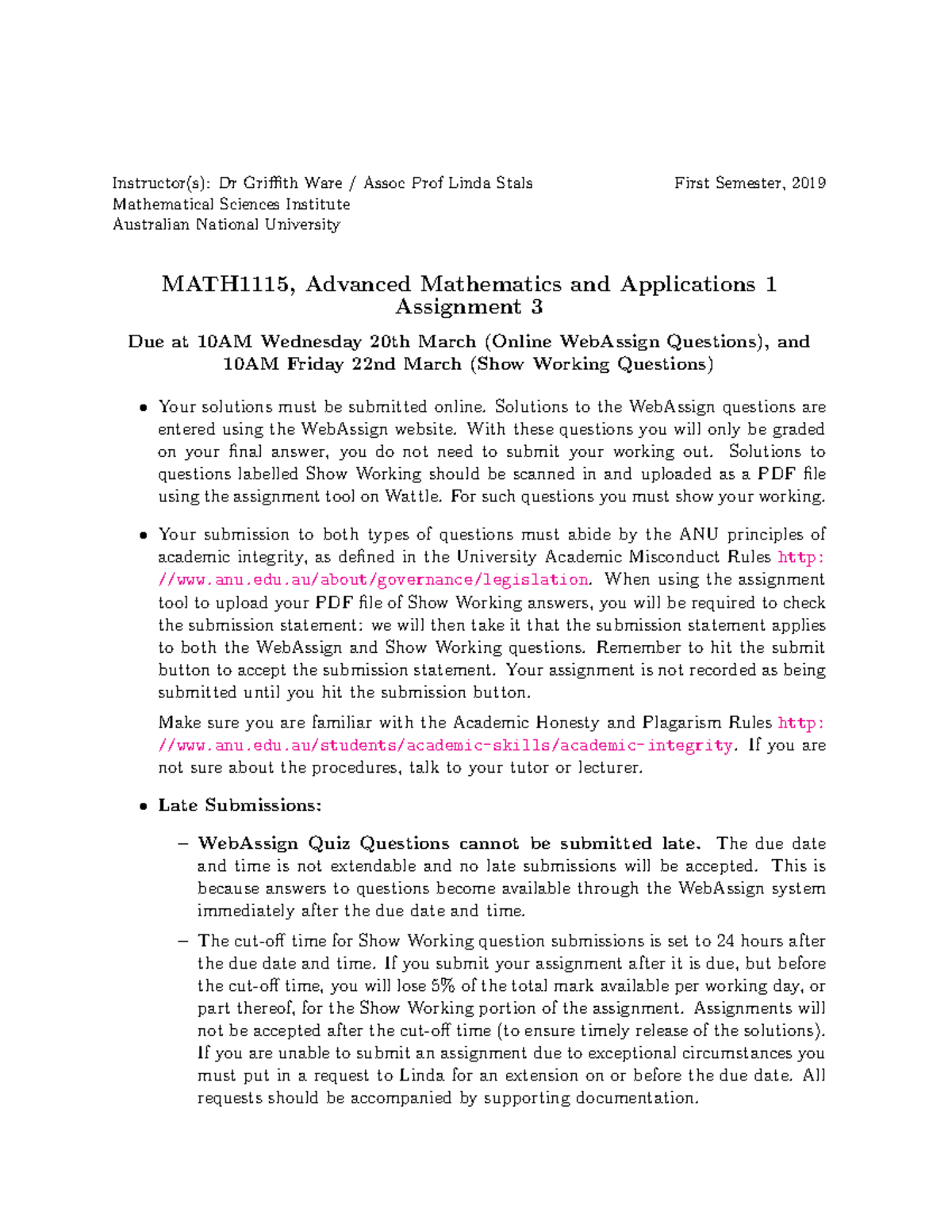 Assignment 3: MATH 1115 - Instructor(s): Dr Griffith Ware / Assoc Prof ...