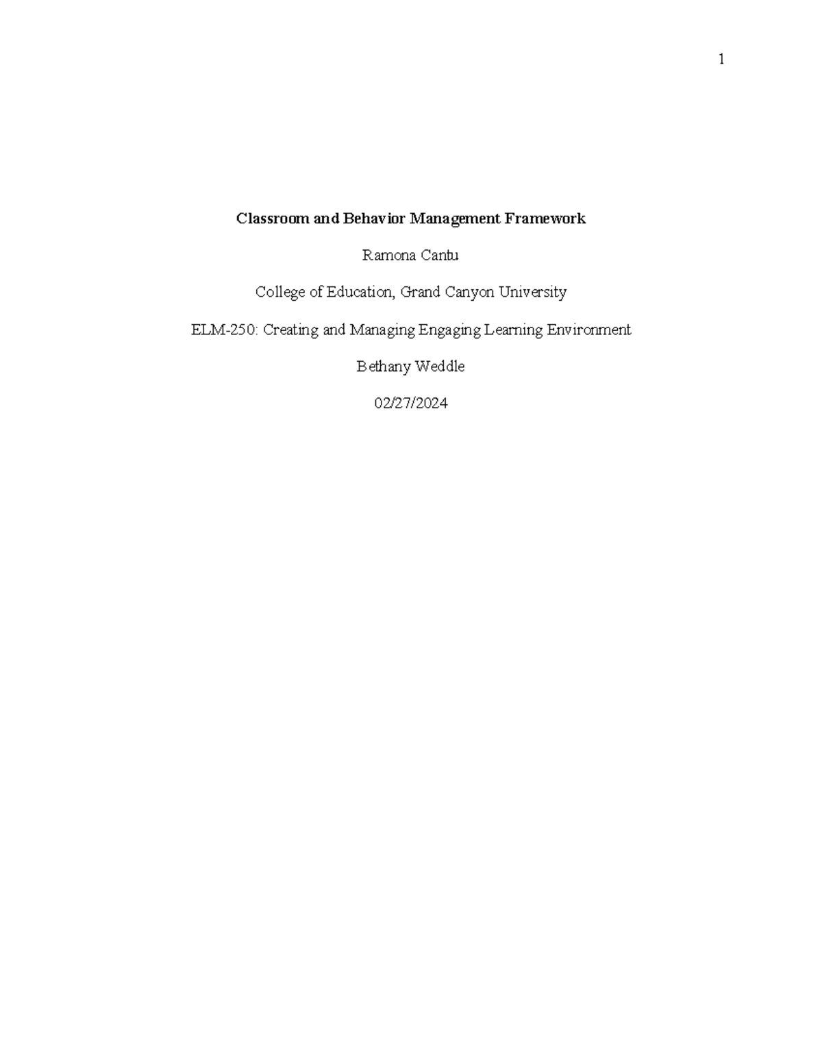 ELM 250 Classroom and Behavior Management Framework - Classroom and ...