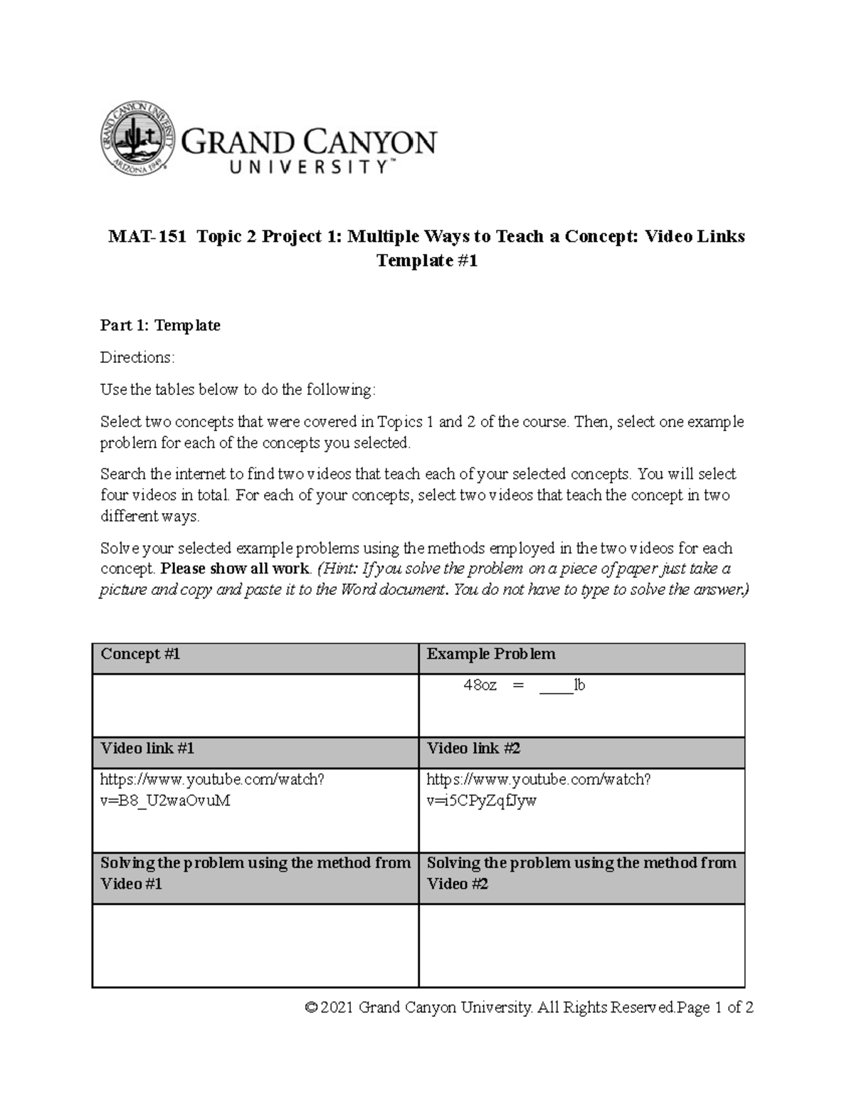 MAT-151-T2-Project 1-Multiple Ways to Teach a Concept Video Links ...