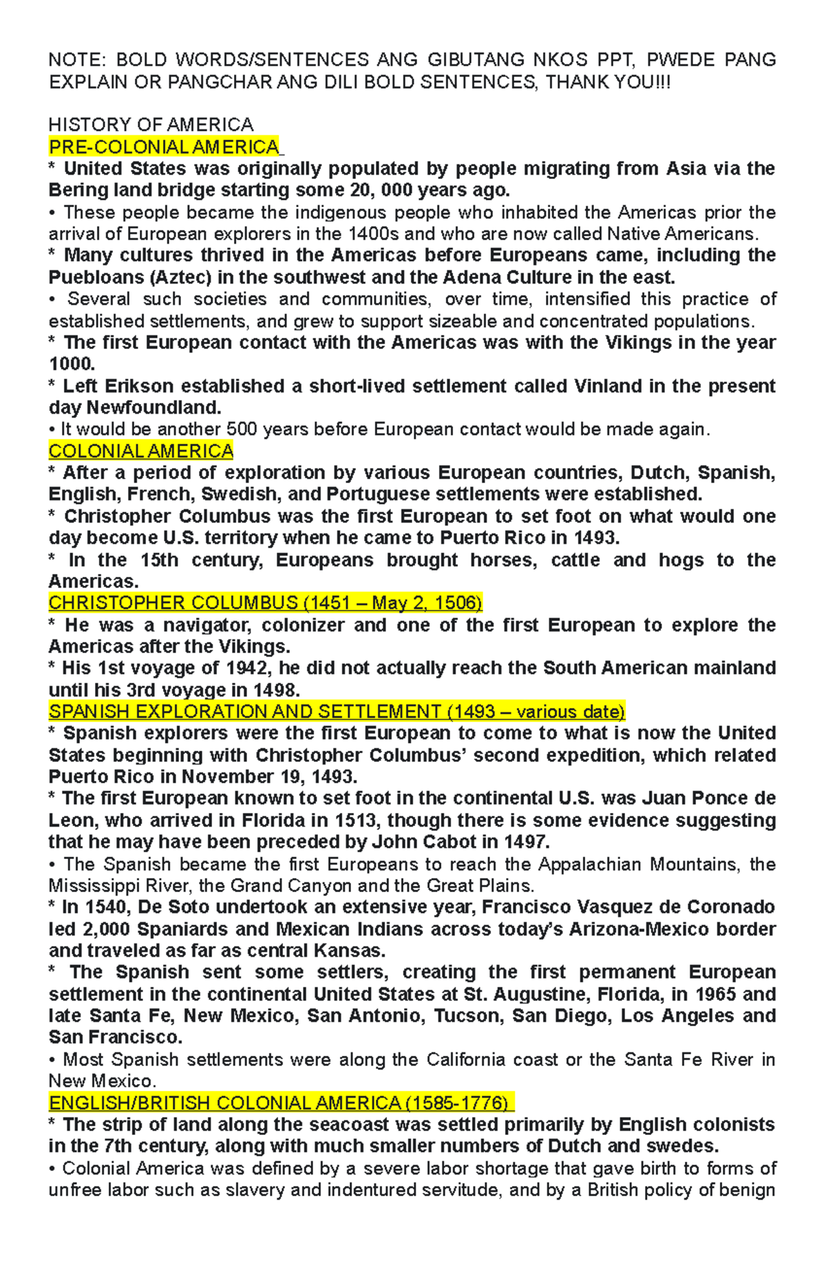 History-OF- America - NOTE: BOLD WORDS/SENTENCES ANG GIBUTANG NKOS PPT ...