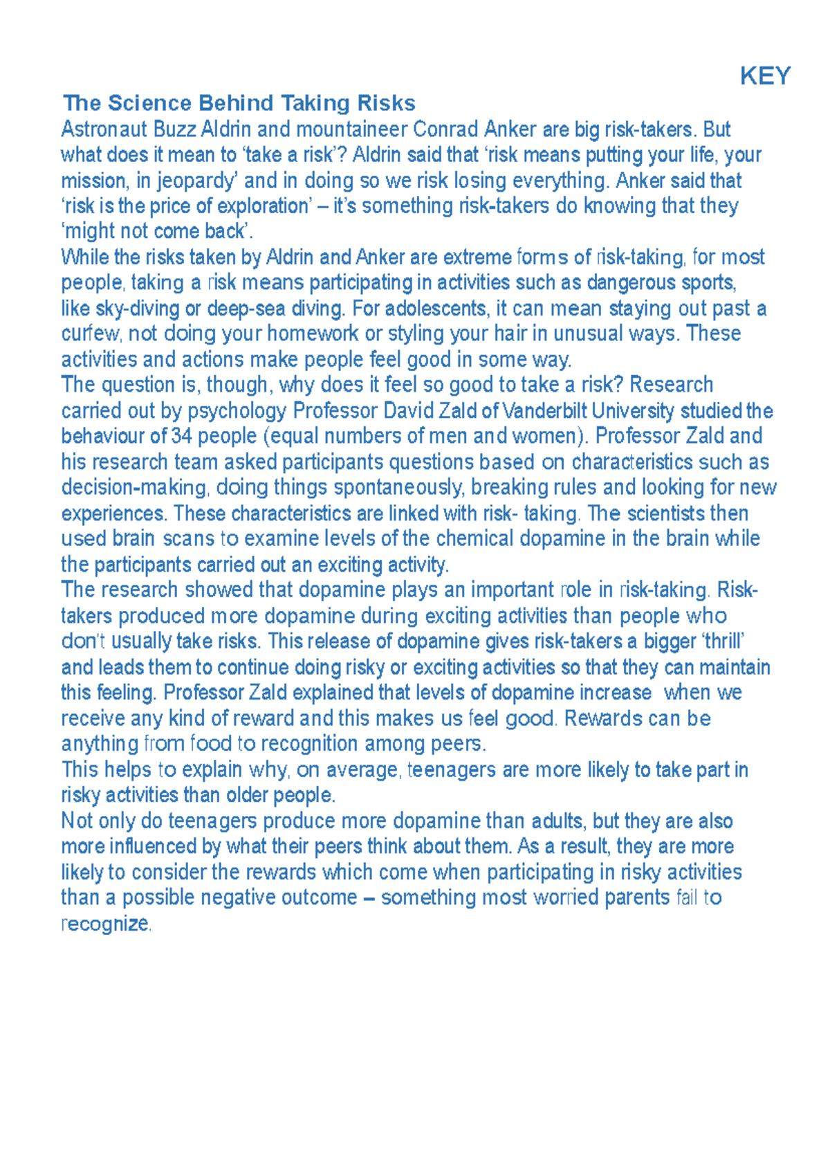 1 BAT Reading The Science Behind Taking Risks KEY - KEY The Science ...