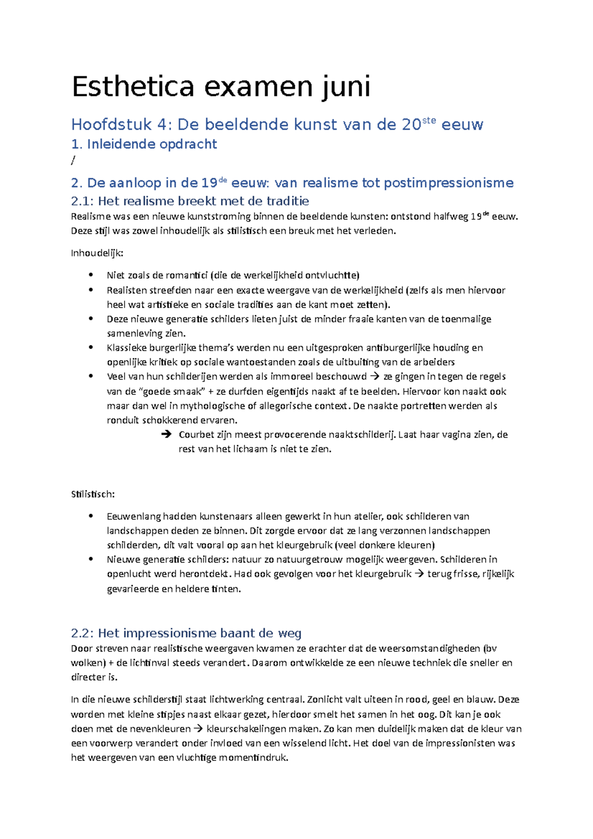 Esthetica examen juni - enkel leerstof juni - Esthetica examen juni Hoofdstuk 4: De beeldende ...