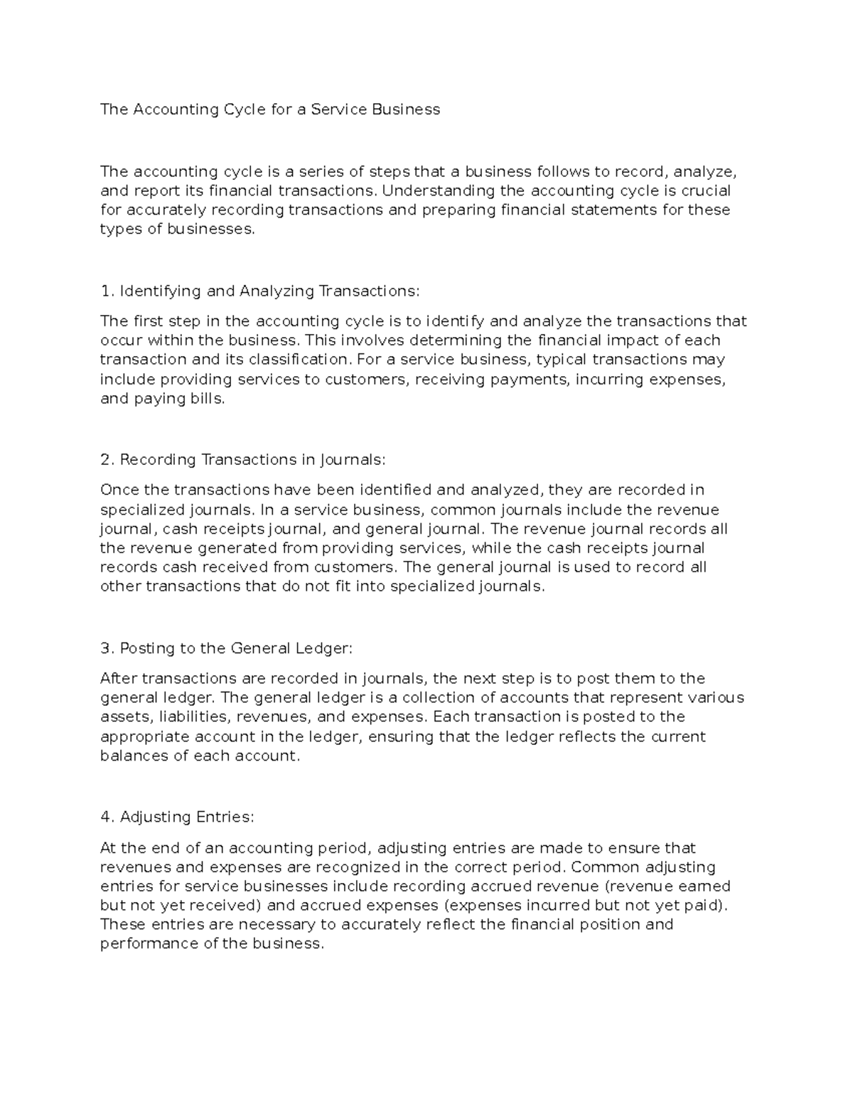 The Accounting Cycle for a Service Business - Understanding the ...