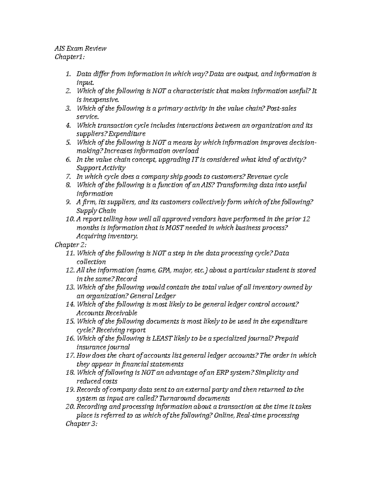 AIS Exam Review - TEST BANK - AIS Exam Review Chapter1: Data differ ...