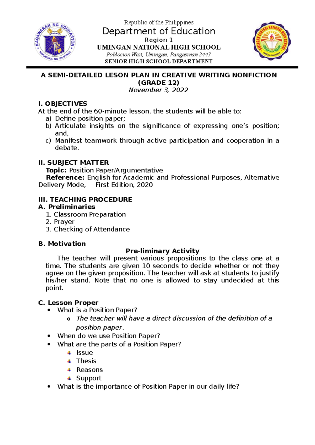 Lesson PLAN IN Nonfiction- WEEK 1 (3RD QTR) - Department of Education ...