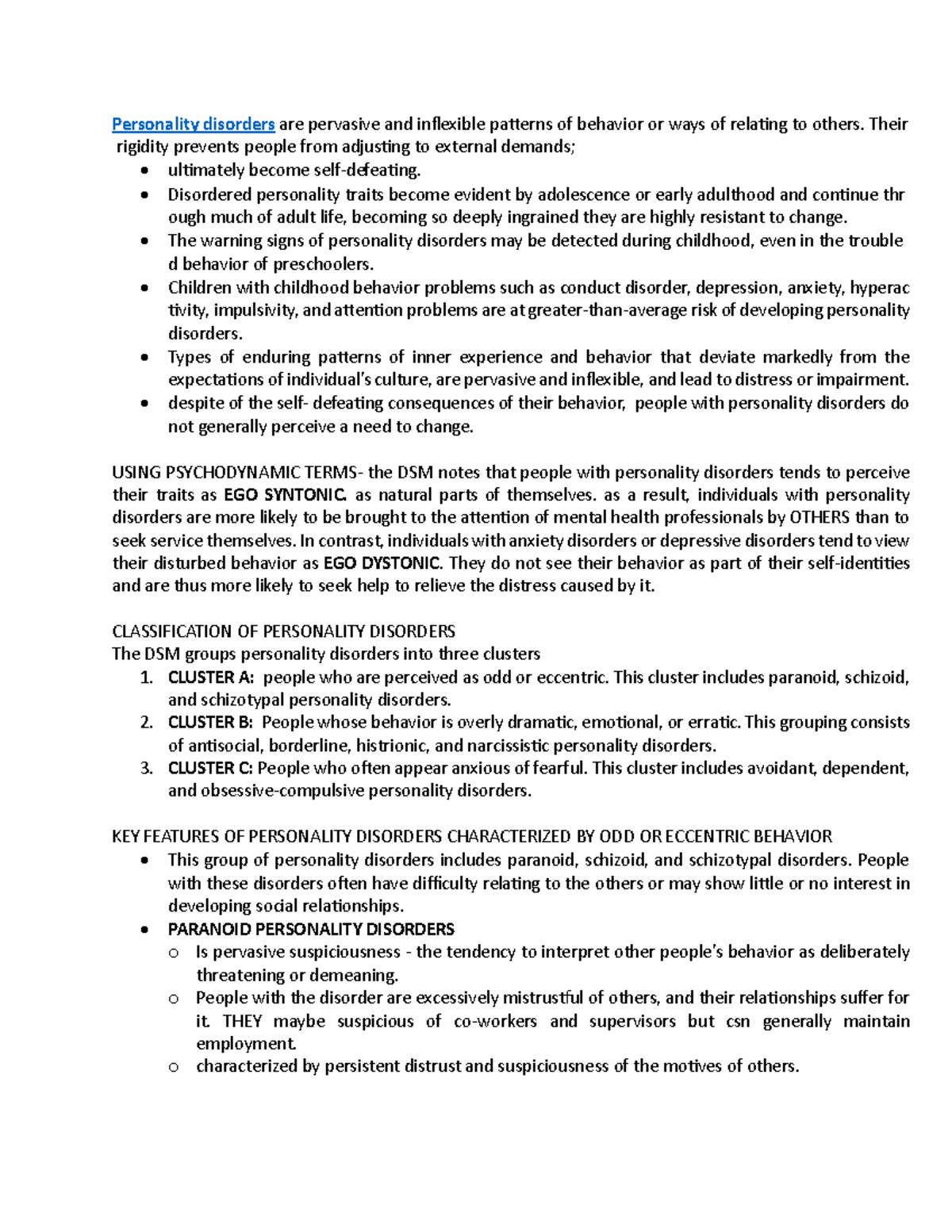 Abnormal psychology - reviewer - Personality disorders are pervasive ...