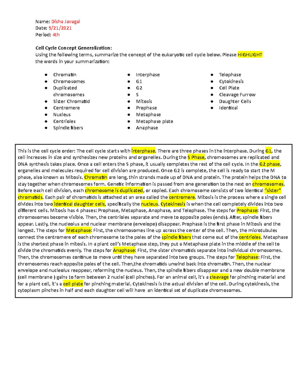Cell Cycle Concept Generalization Biology Honors - Name: Disha Javagal ...