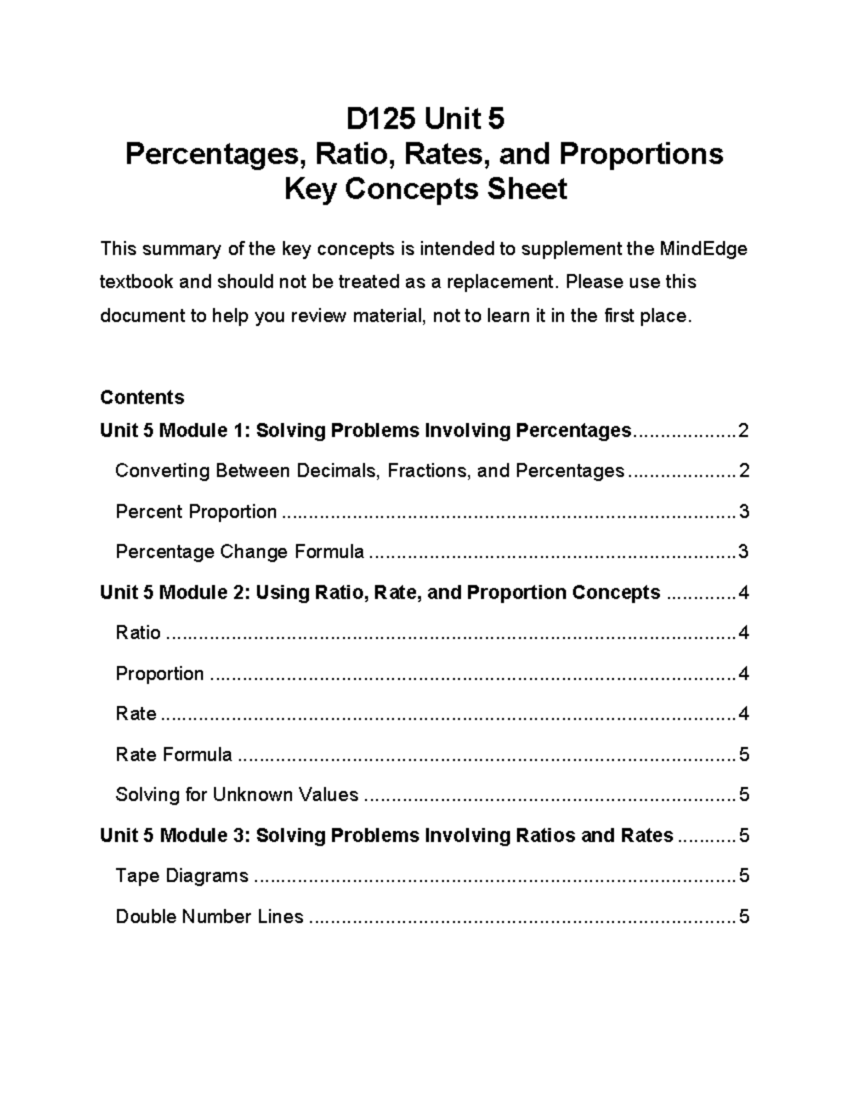 D125 Unit 5 Key Concepts - D125 Unit 5 Percentages, Ratio, Rates, and ...