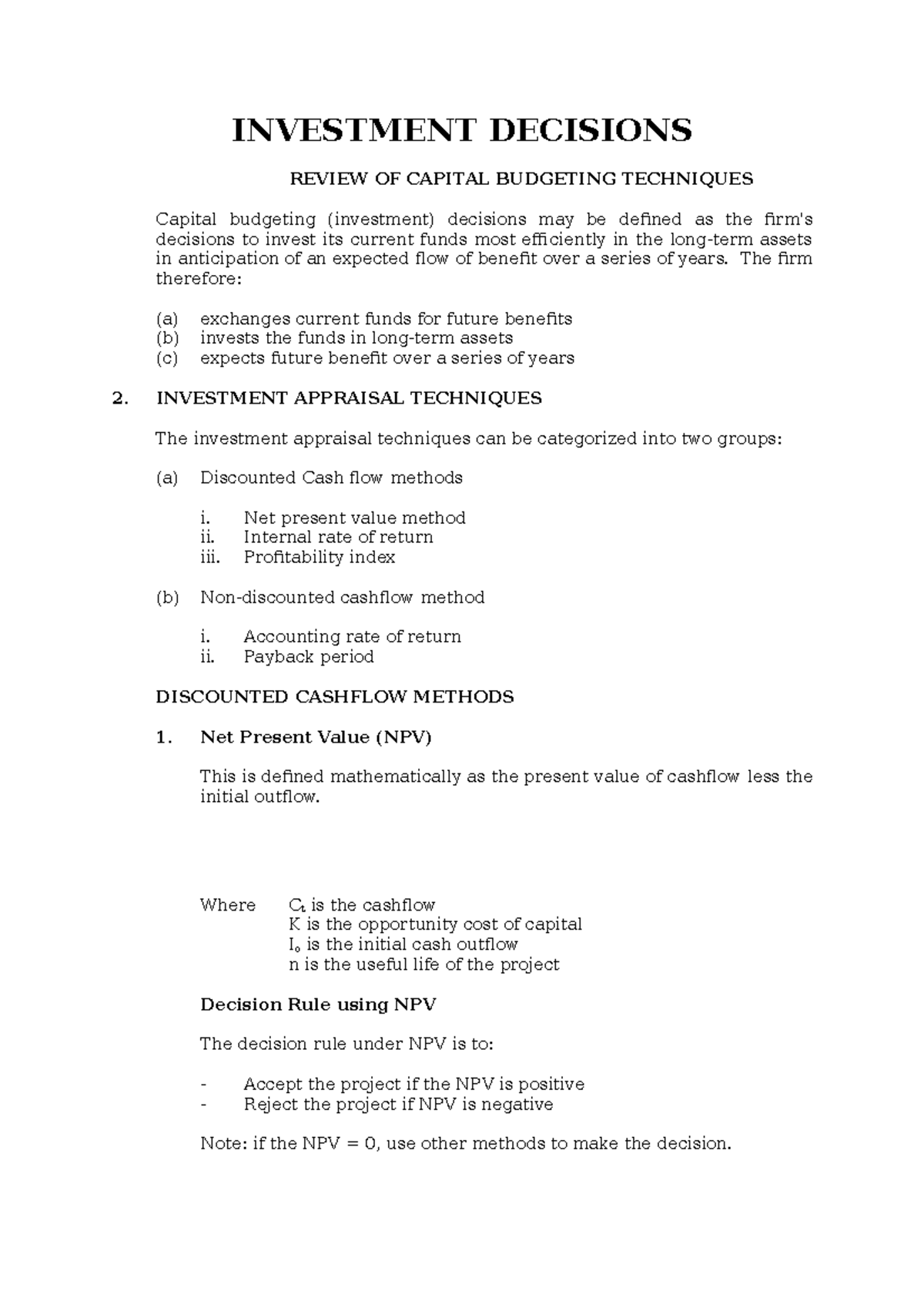 Investment Decisions - Review of capital budgeting techniques ...