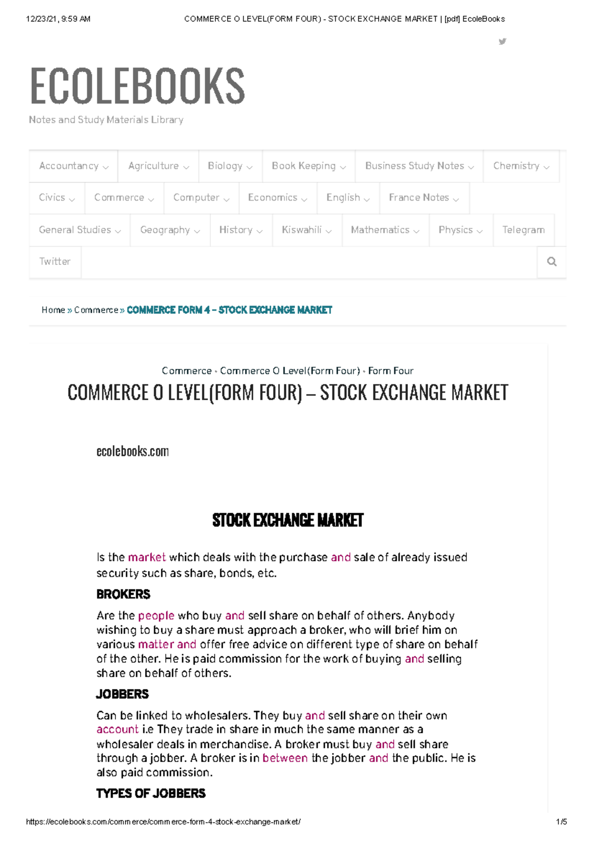Commerce O Level(FORM FOUR) - Stock Exchange Market - B.com - SGBAU ...