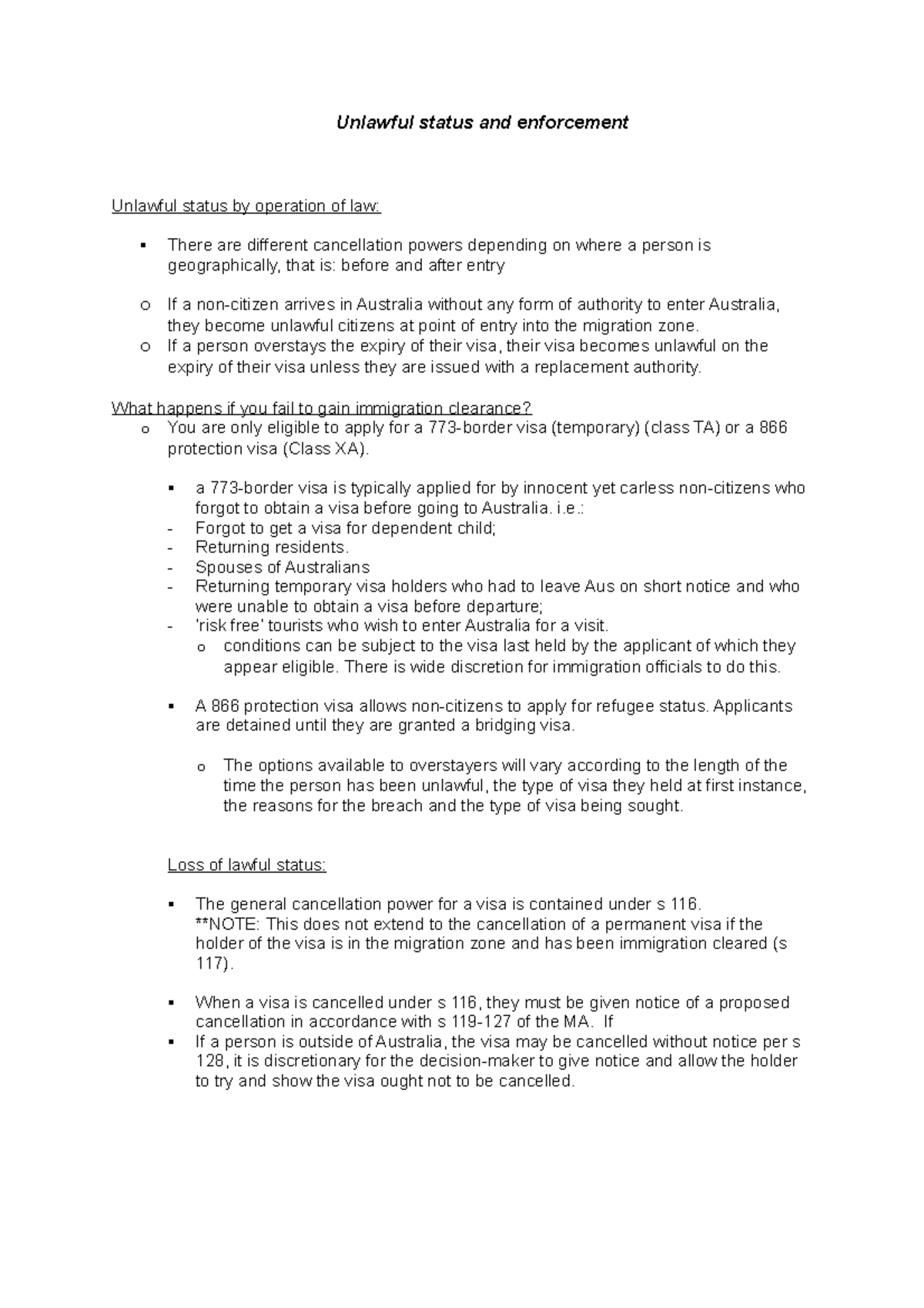 Unlawful status and enforcement- week 9 - Unlawful status and ...