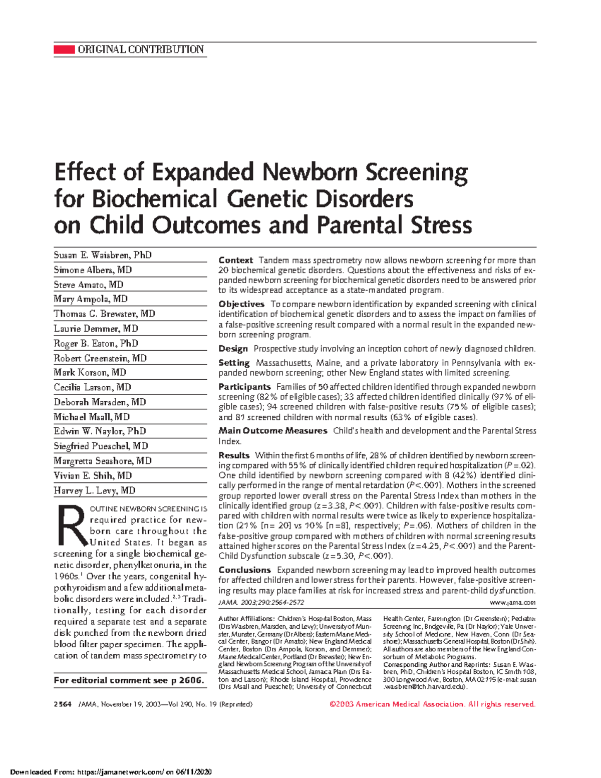 Effect of Expanded Newborn Screening for - ORIGINAL CONTRIBUTION Effect ...