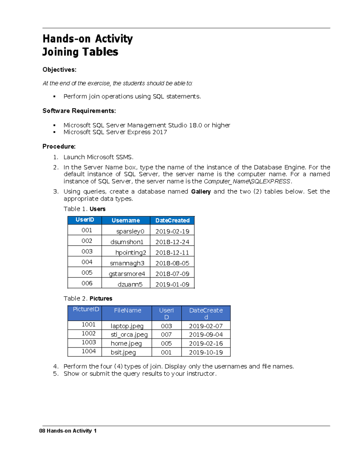 08 Hands-on Activity 1(5) - Hands-on Activity Joining Tables Objectives ...
