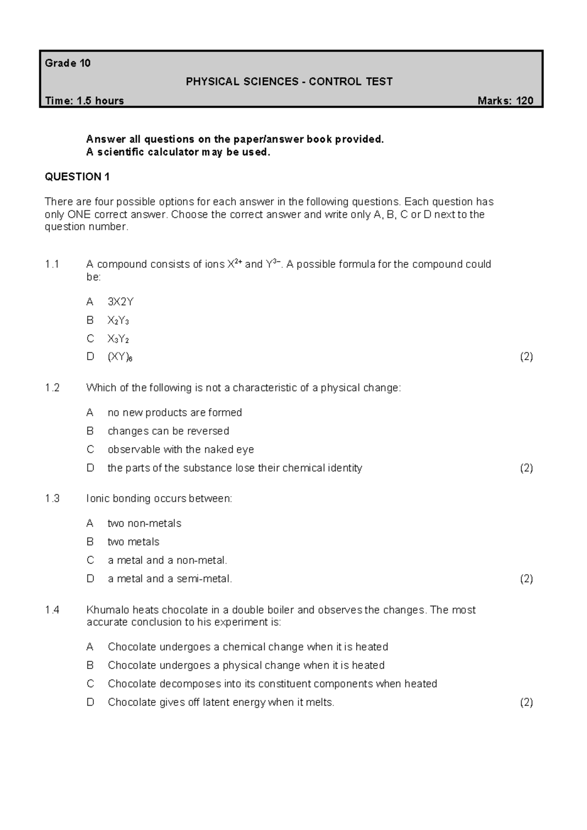term 3 test questions - Grade 10 PHYSICAL SCIENCES - CONTROL TEST Time ...