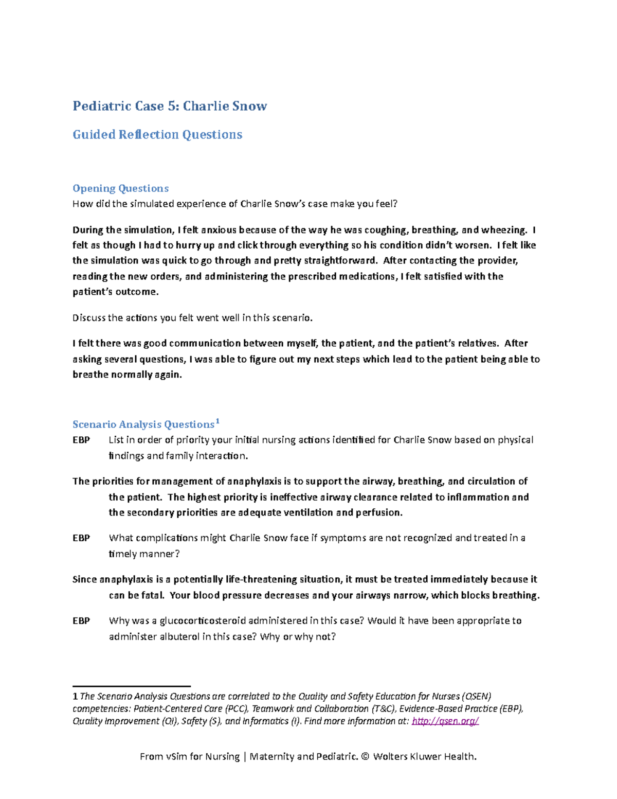 Charlie Snow Guided Reflection Questions - Pediatric Case 5: Charlie ...