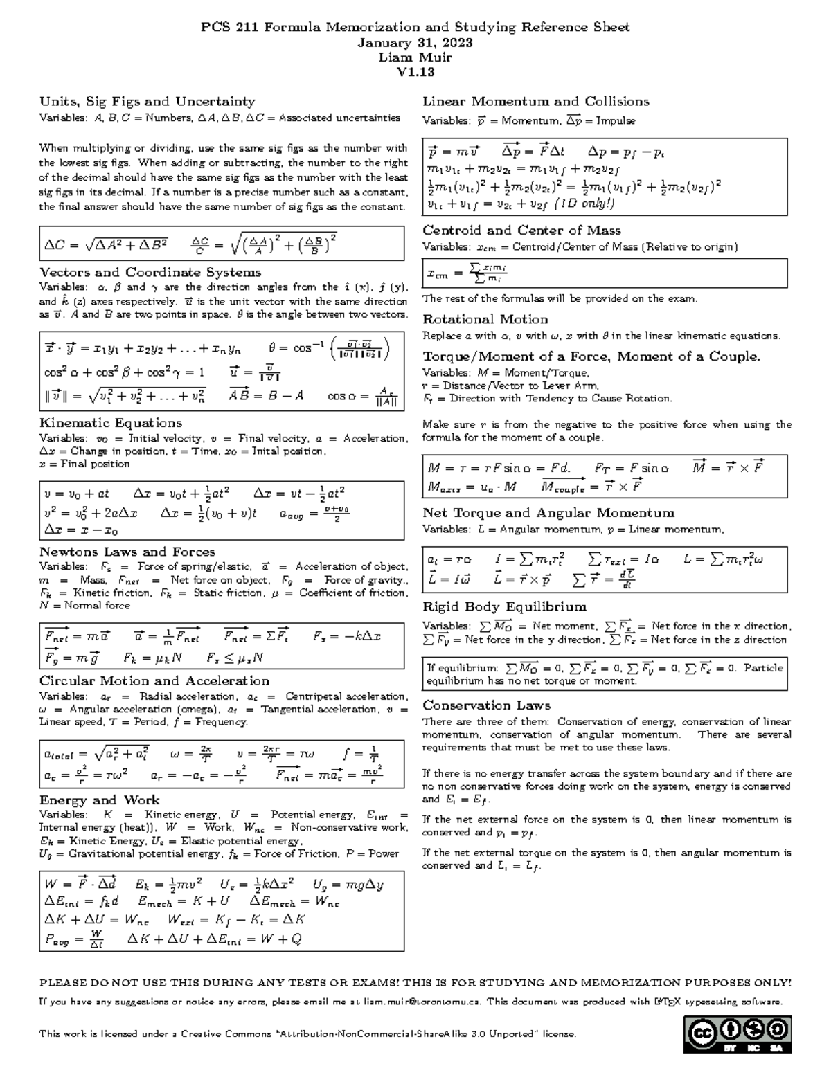 PCS211 Mechanics Formula V1 - PCS 211 Formula Memorization and Studying ...