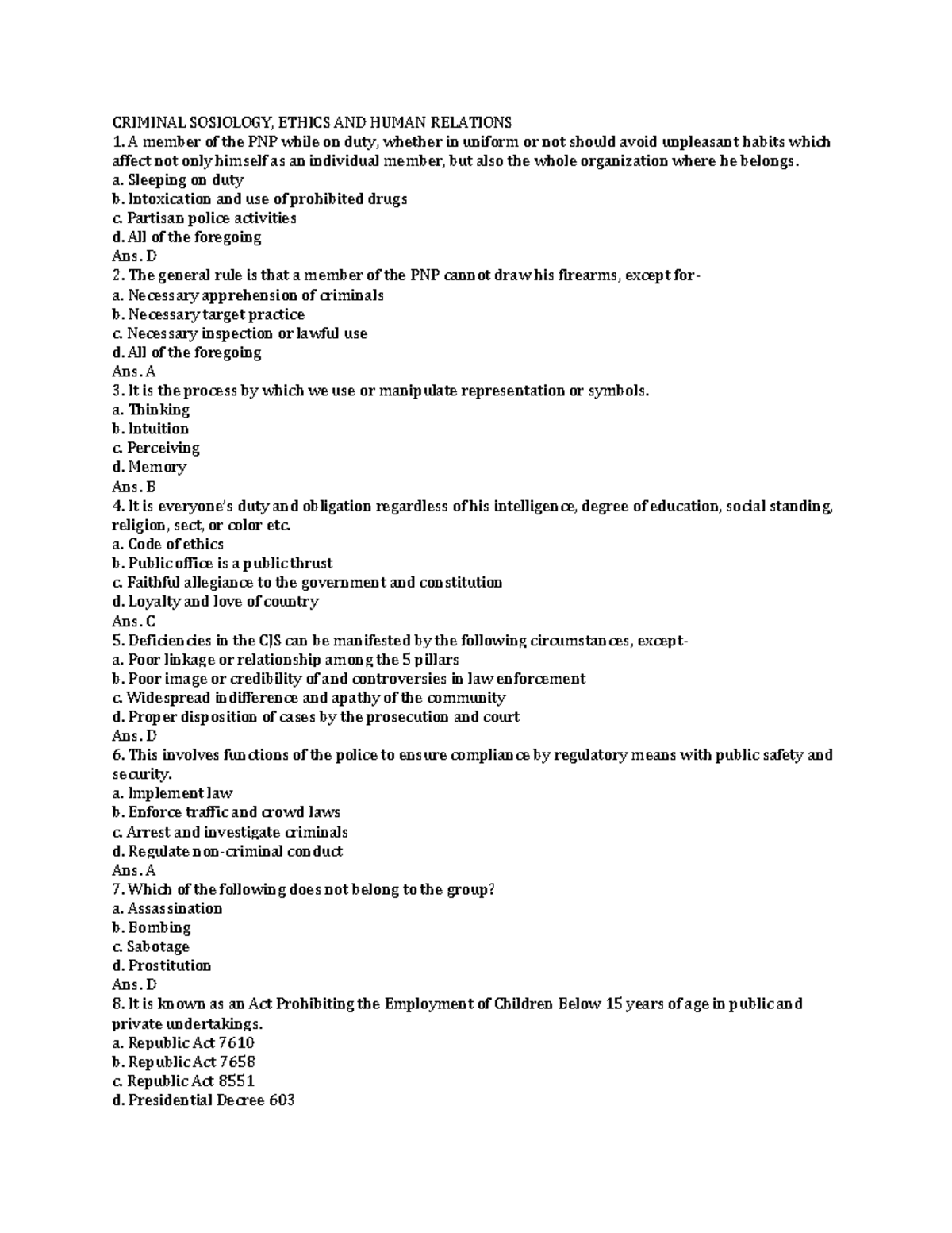 Criminal Sociology TEST - CRIMINAL SOSIOLOGY, ETHICS AND HUMAN ...