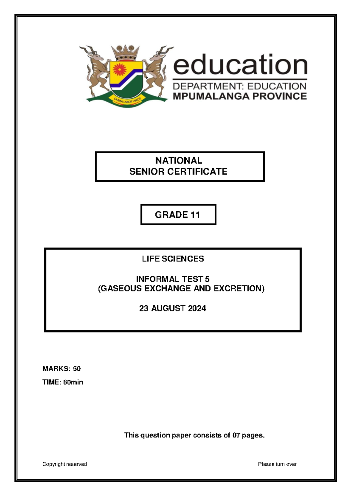 LFSC GR.11 Topic TEST 5 ( Photosynthesis) 2024 - QP - MARKS: 50 TIME ...
