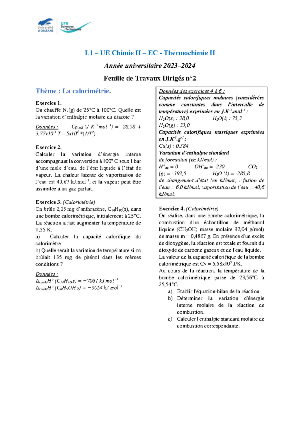 TD-2 Thermochimie - td thermo - L1 – UE Chimie II – EC - Thermochimie ...