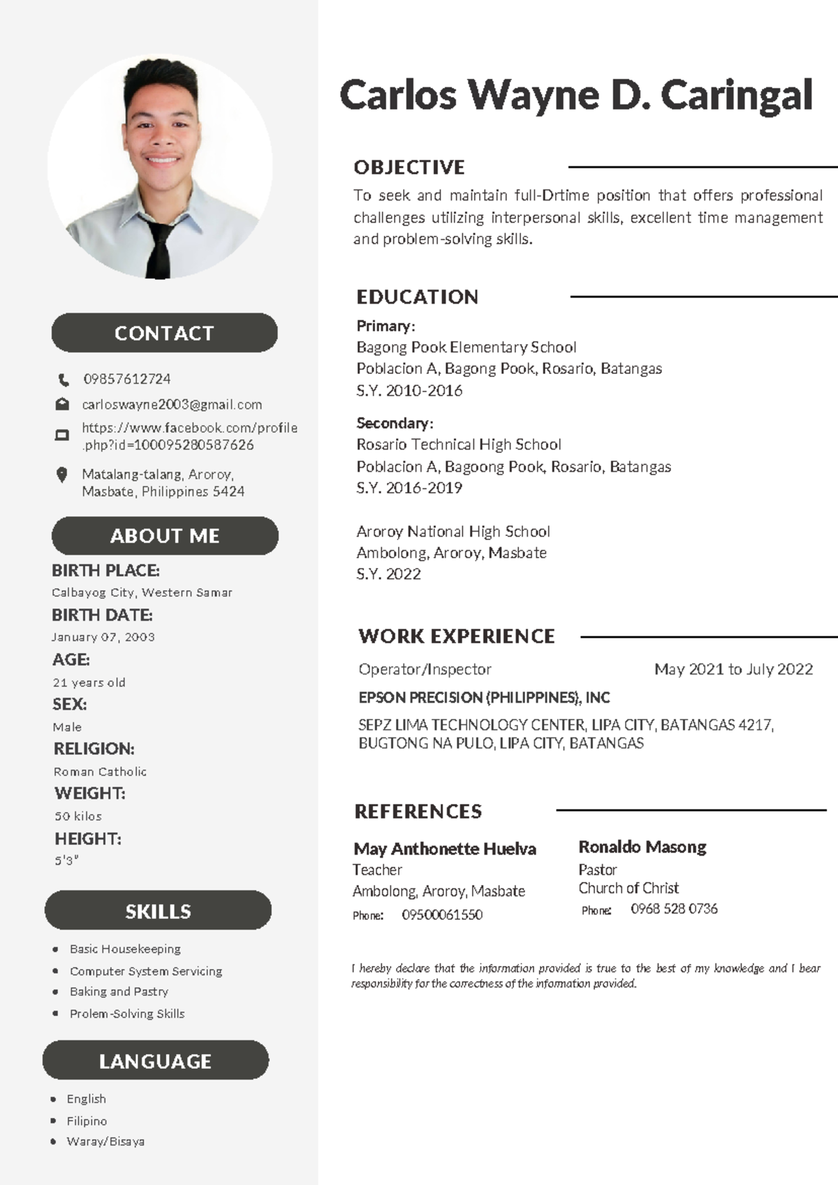CV Resume Sample - REFERENCES OBJECTIVE To seek and maintain full ...