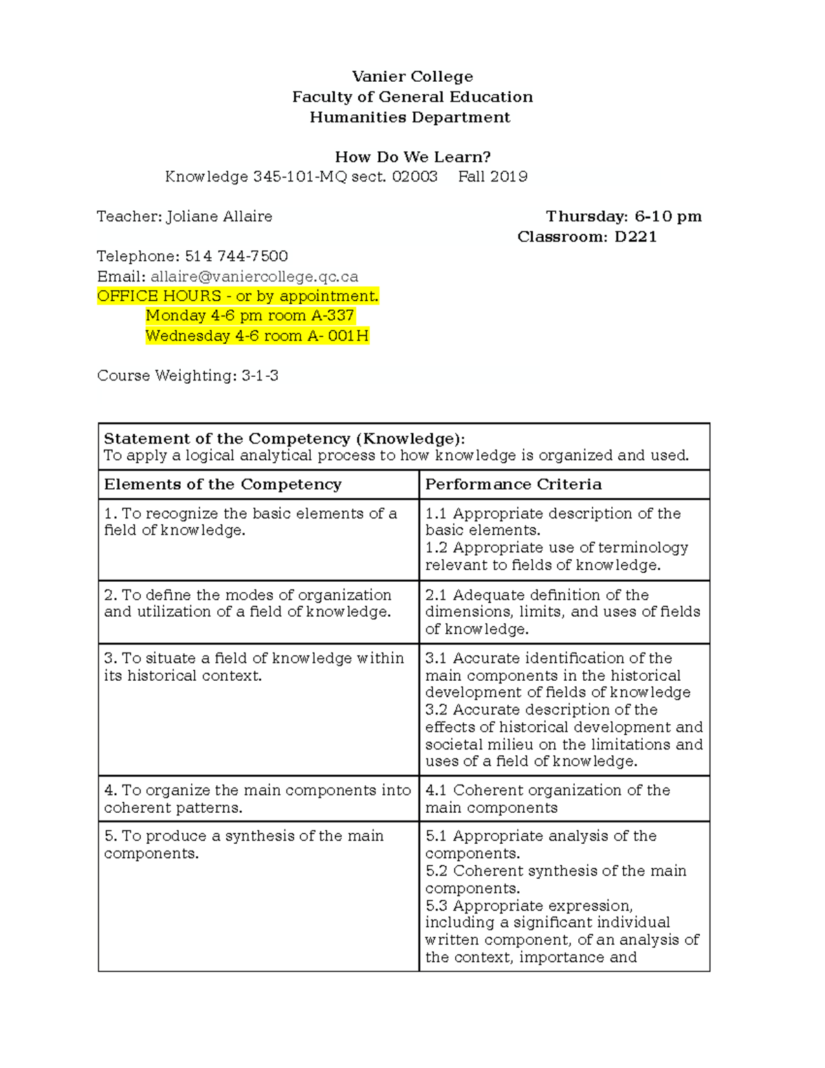 Official Course Outline How Do We Learn Fall 2019 CE 2003 - Vanier ...
